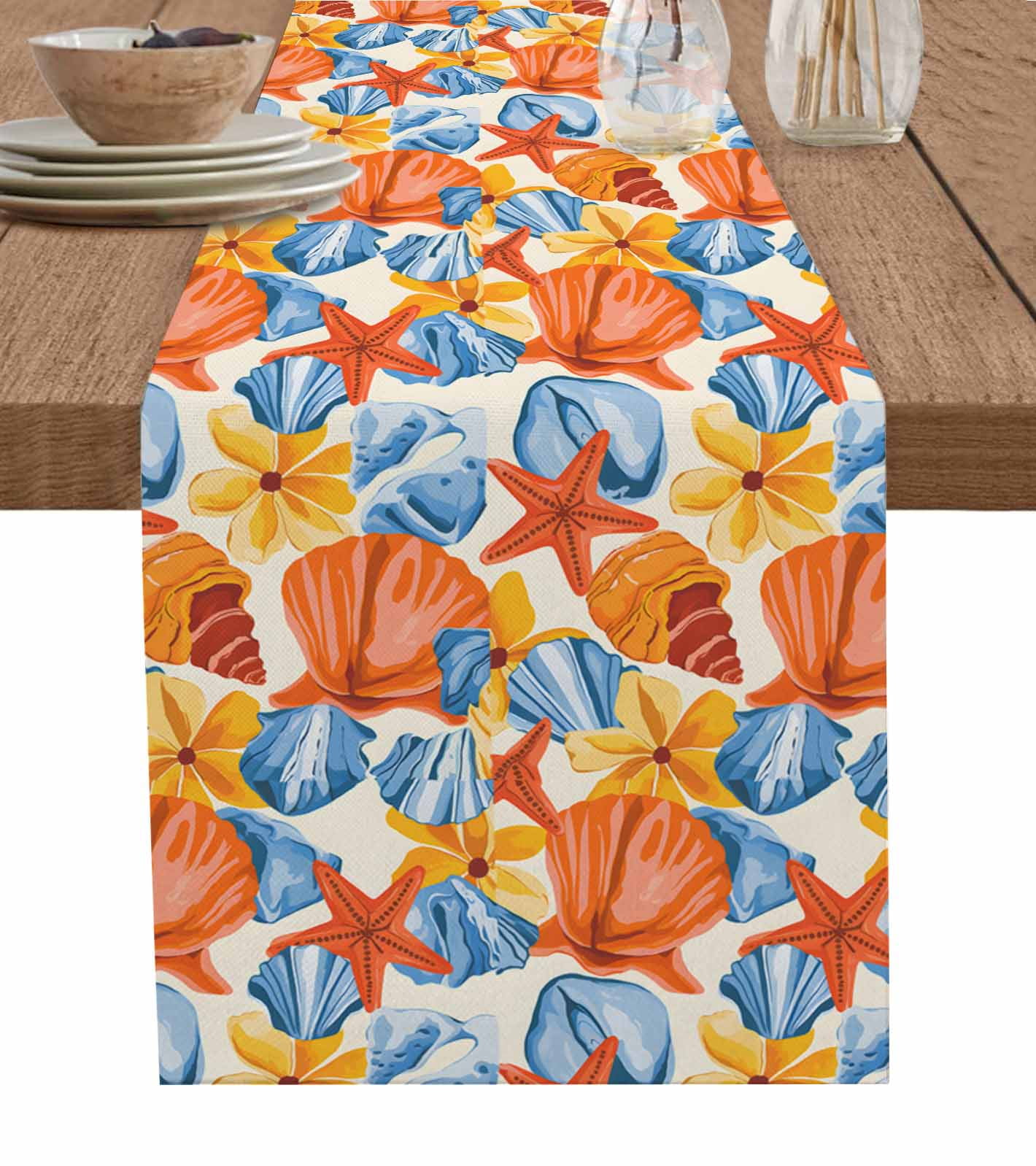 Orange Shell Starfish Table Runner 108 Inches, Vintage Summer Ocean ...