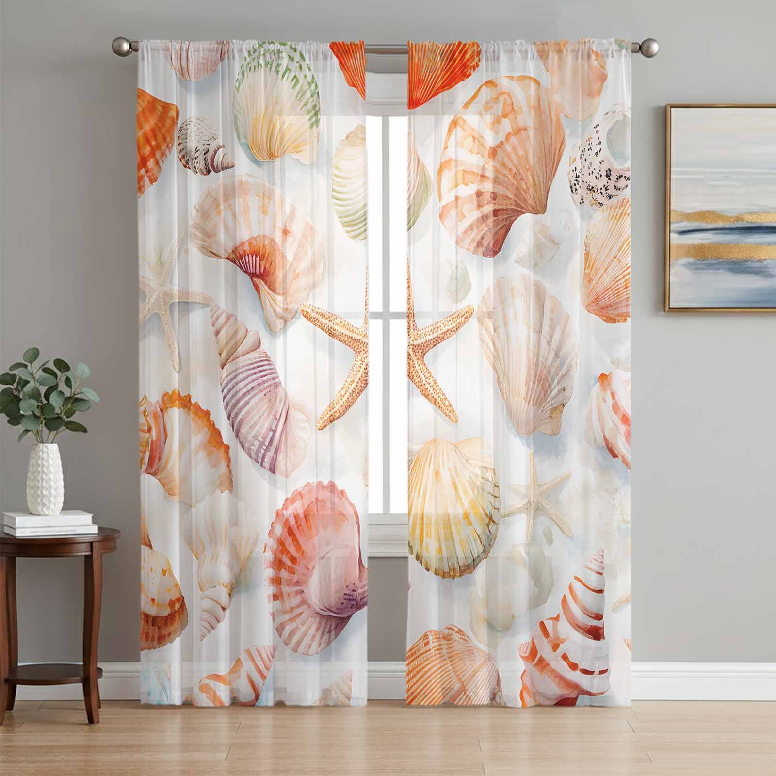 Orange Shells Coastal Sheer Curtains 96 Inch Length 2 Panels Set ...