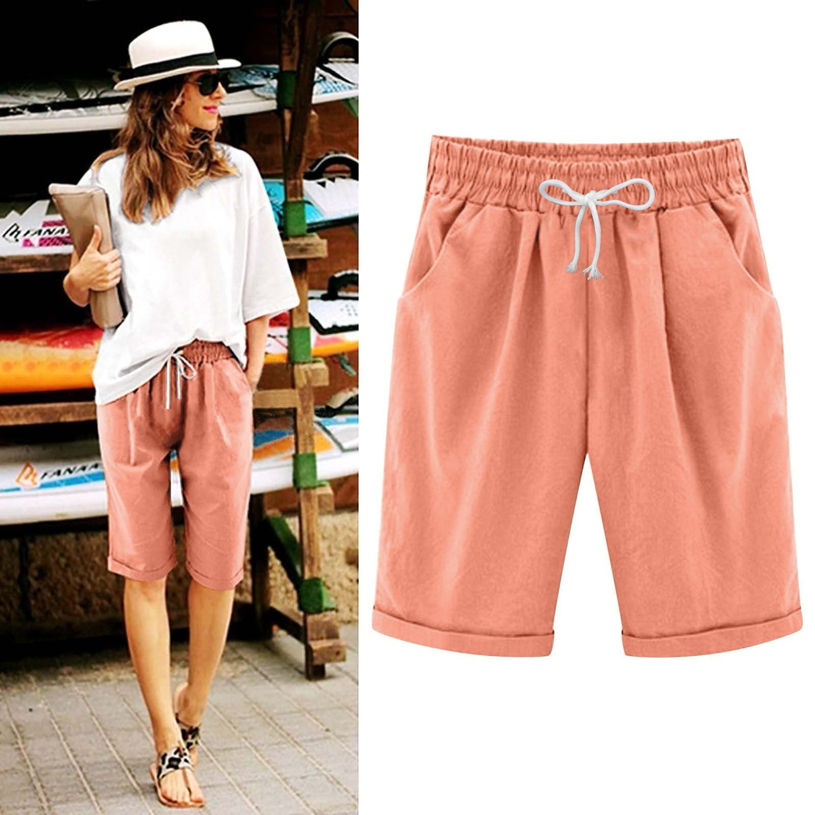 Orange Shorts for Women Summer Cotton Pants Plus Size High Waisted Shorts Lacing Beach Workout ...