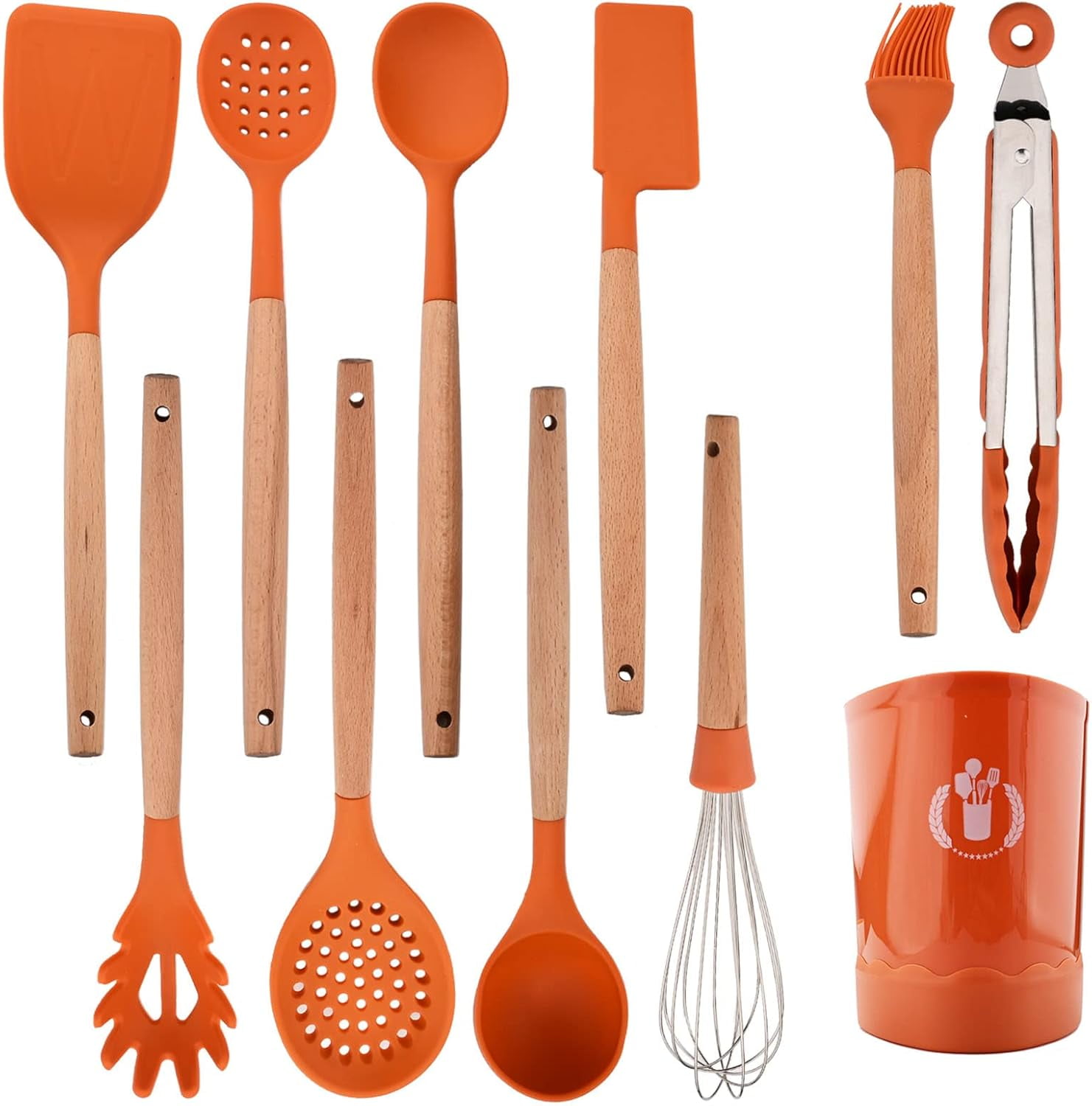 Orange Silicone Kitchen Utensils Set Orange Rubber Spatulas with Wooden ...