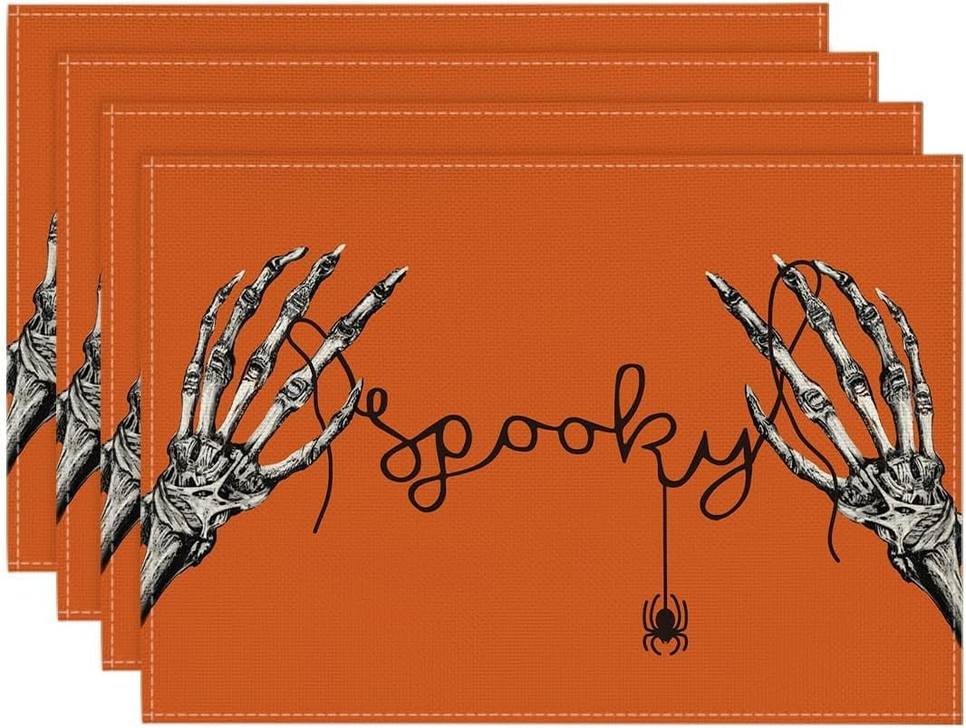 Orange Skeleton Hand Halloween Placemats Set of 4, 12x18 Inch Spider ...