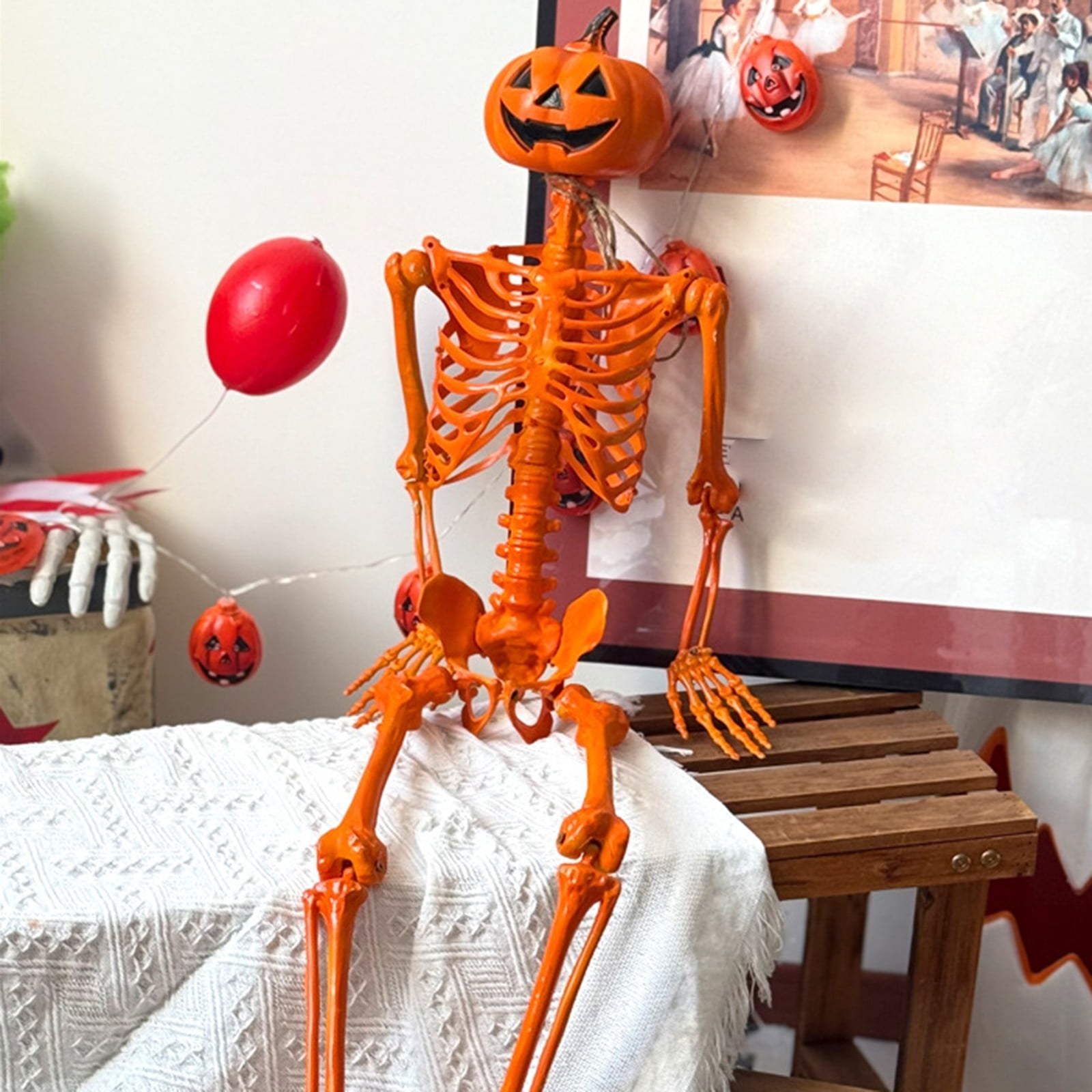 Orange Skeleton with Pumpkin Head Halloween Skeleton Decorations 36 ...