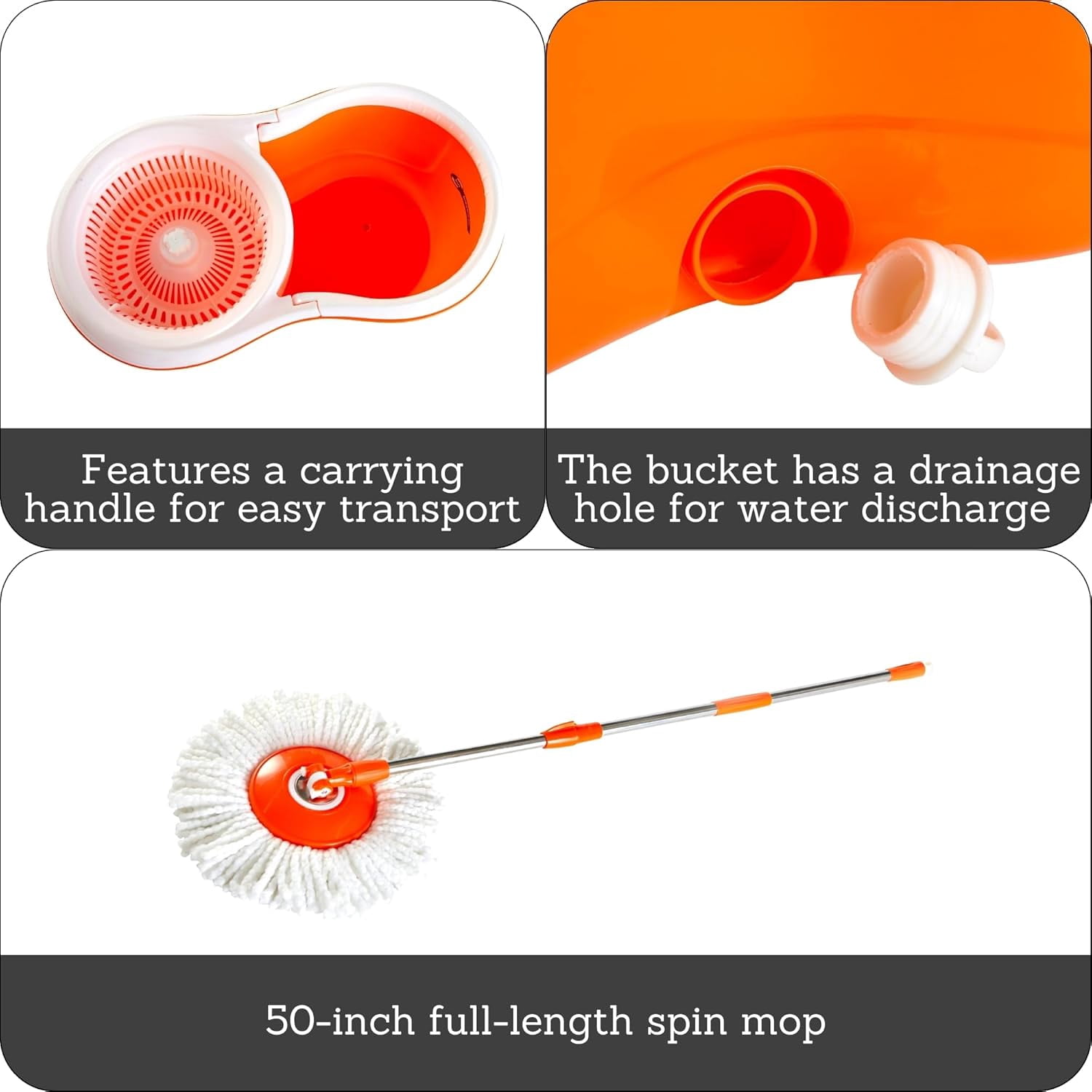 Orange Spin Mop with Bucket, 50" Handle, Hands- Wringing, Microfiber ...