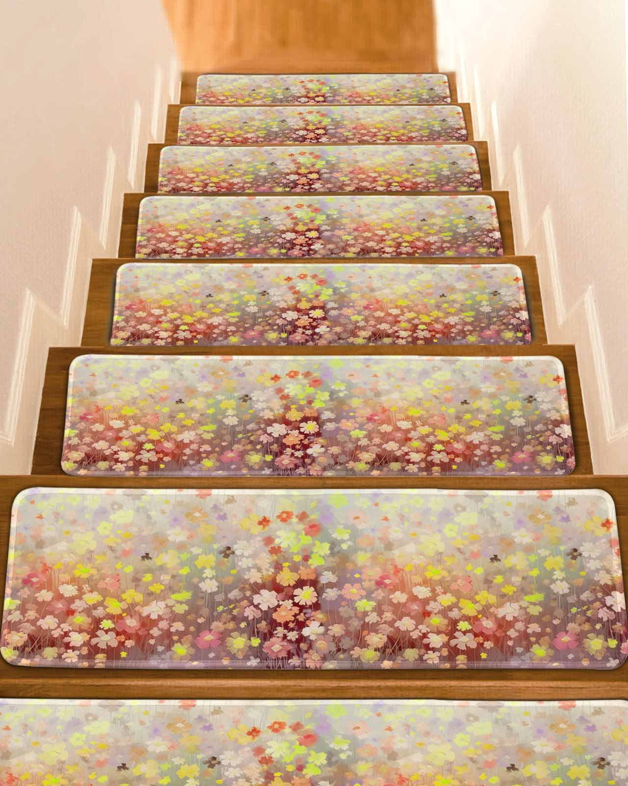 Orange Spring Floral Stair Treads for Wooden Steps Indoor Runner Rug ...
