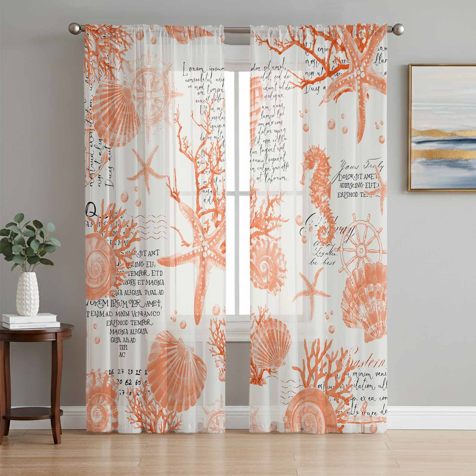 Orange Starfish Semi Sheer Curtains 108 Inch Length 2 Panels Set ...