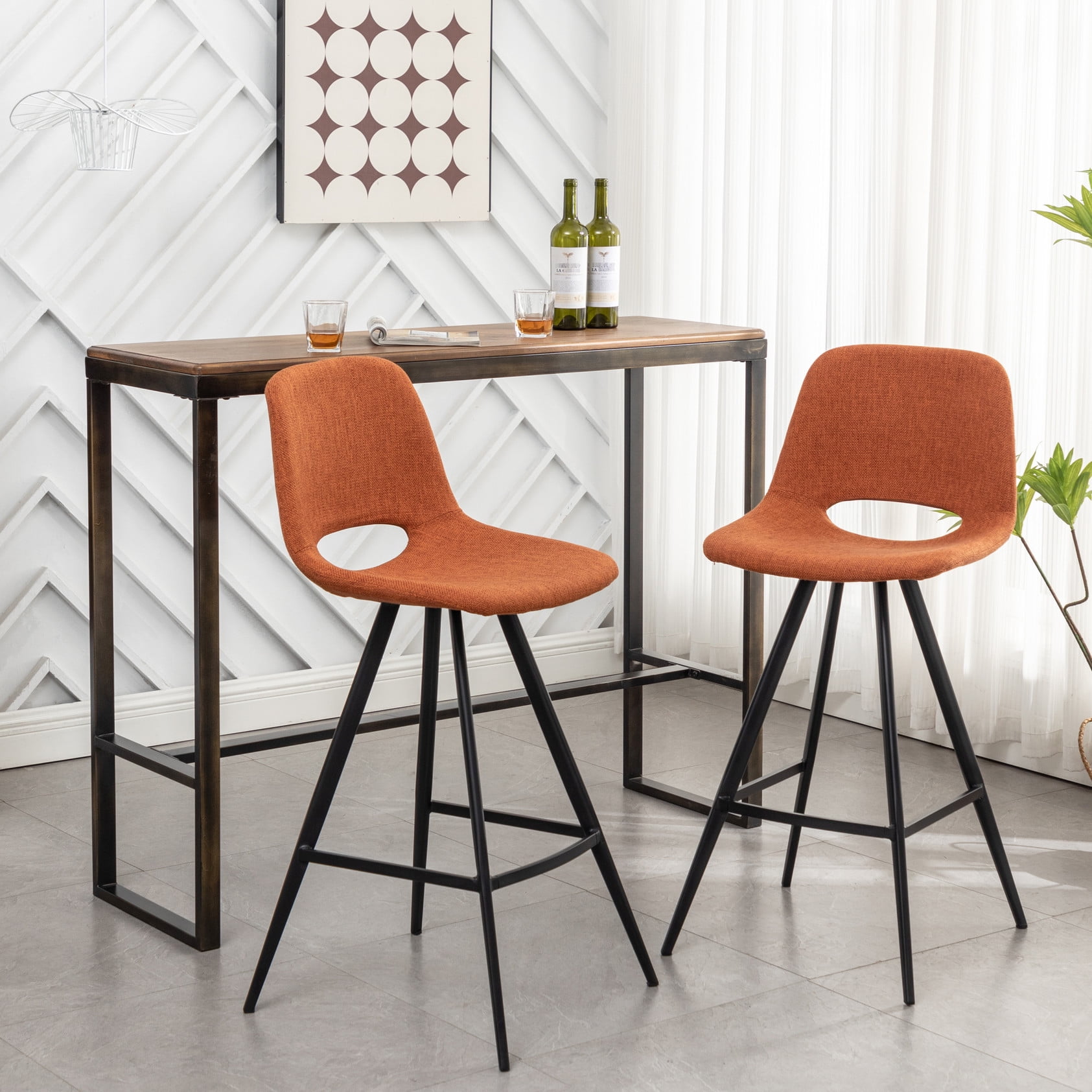 Orange Stools Set of 2 with Black Metal Legs and Footrests / Relaxing ...