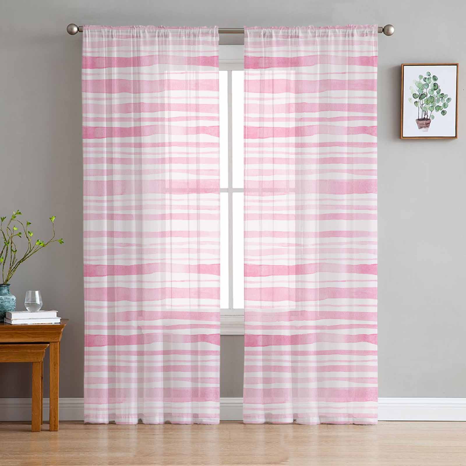 Orange Stripe Watercolor Stripe Pink Triangle Tulle Sheer Curtains For ...