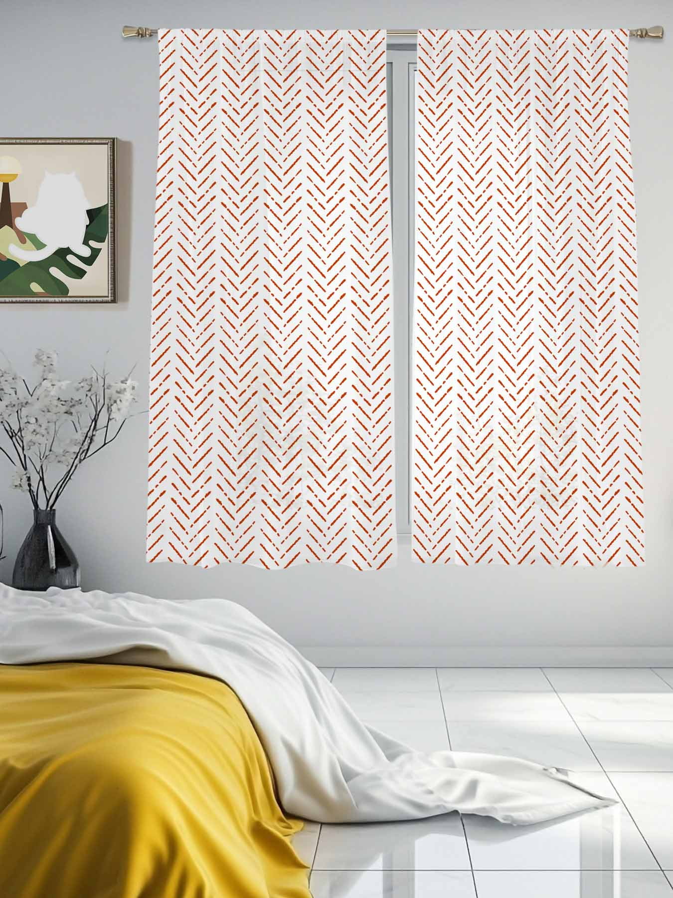 Orange Striped Sheer Curtains 63 inches Long 2 Panels Set Geometric ...