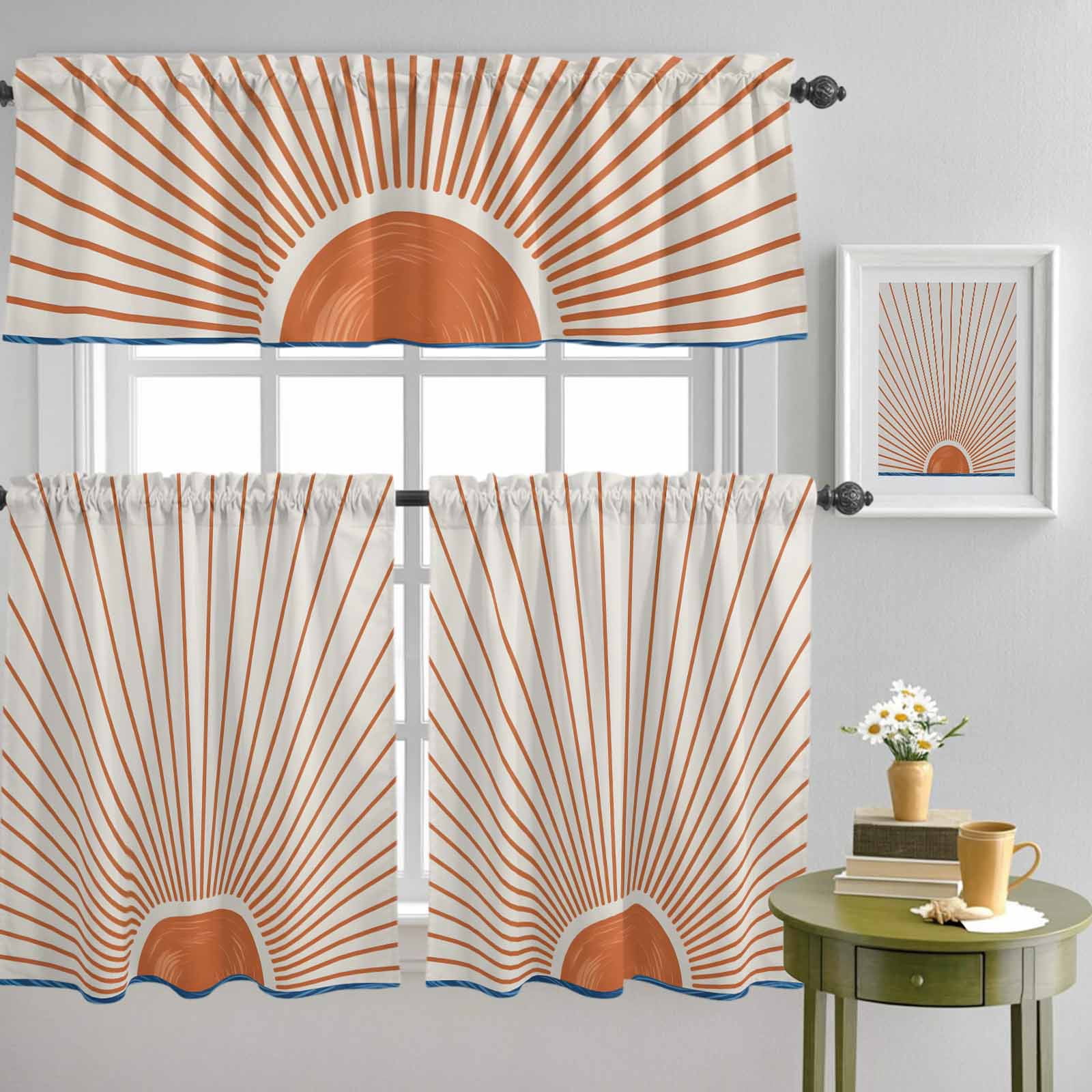 Orange Sun Lines Curtain Tier and Valance Set 3 Piece, Abstract ...