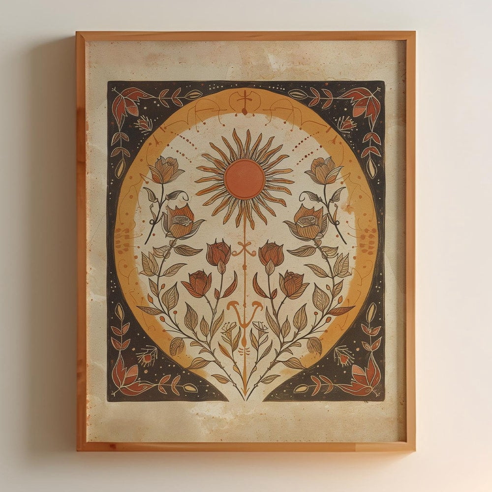 Orange Sun And Roses Sun Art Poster Mystical Folk Art Illustration ...
