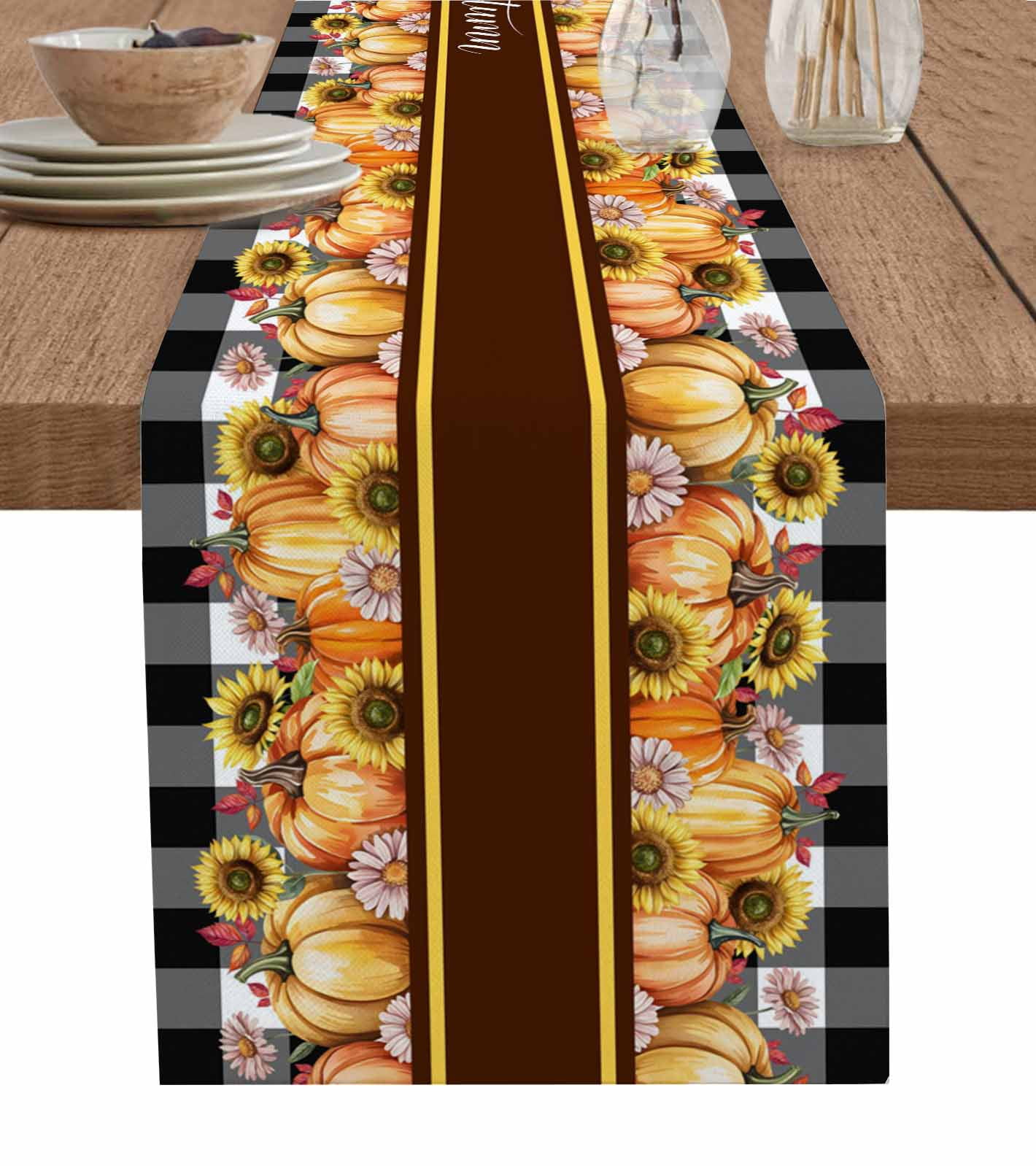 Orange Sunflower Pumpkins Table Runner Black Plaid Pastoral Botanical ...