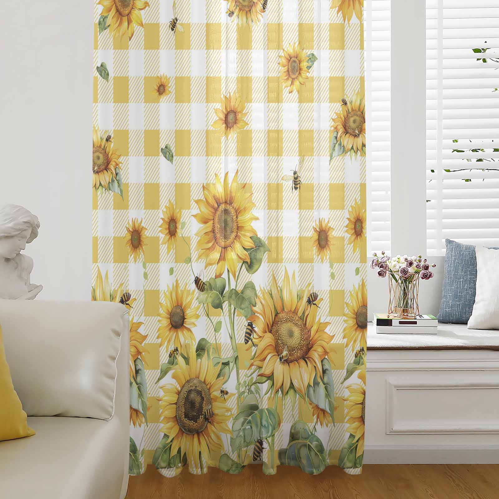 Orange Sunflower Window Curtain 45 Inches Long,Bee Floral Summer Rustic ...