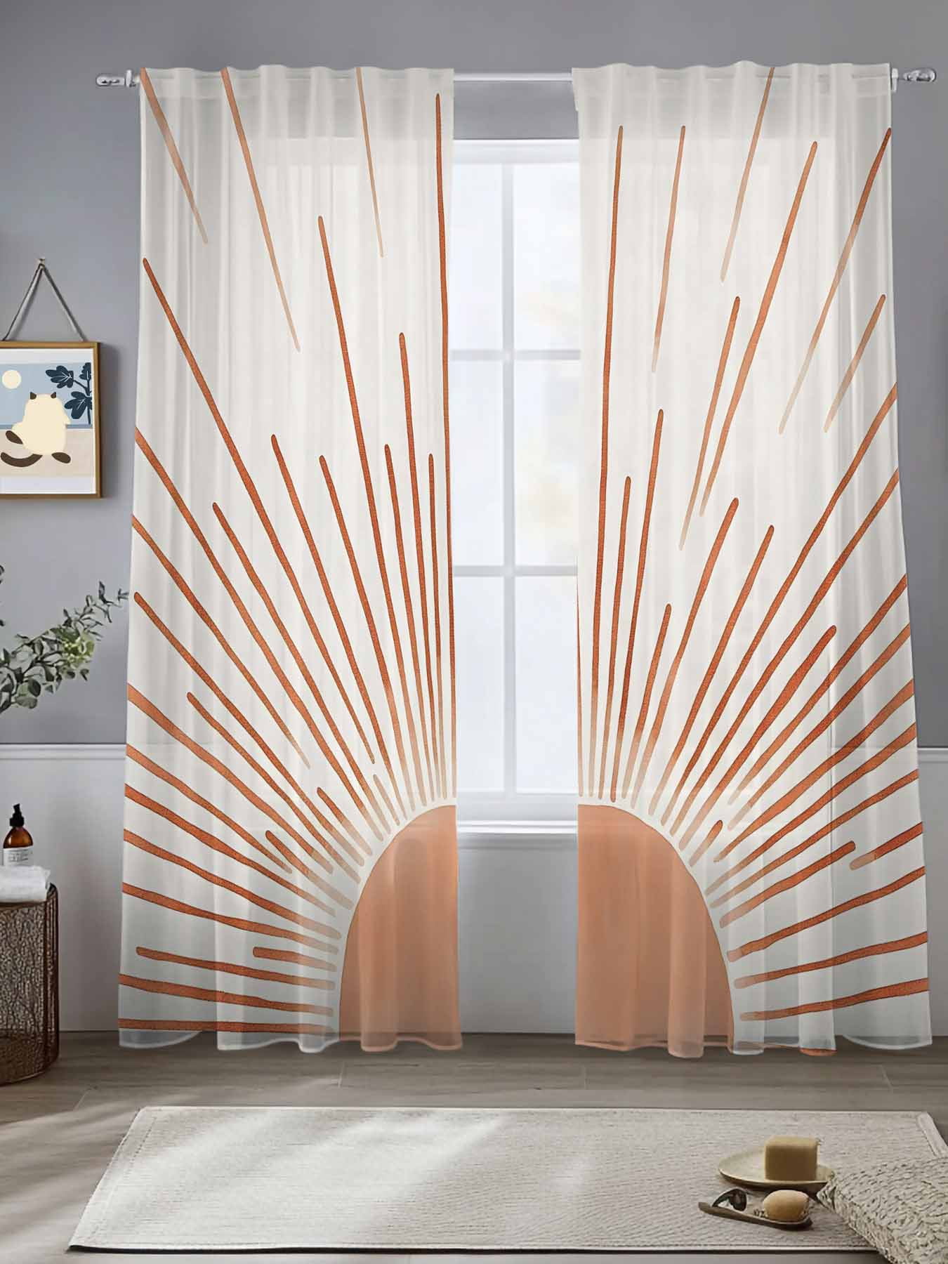 Orange Sunshine Sheer Curtains for Living Room Bedroom Lines Retro ...