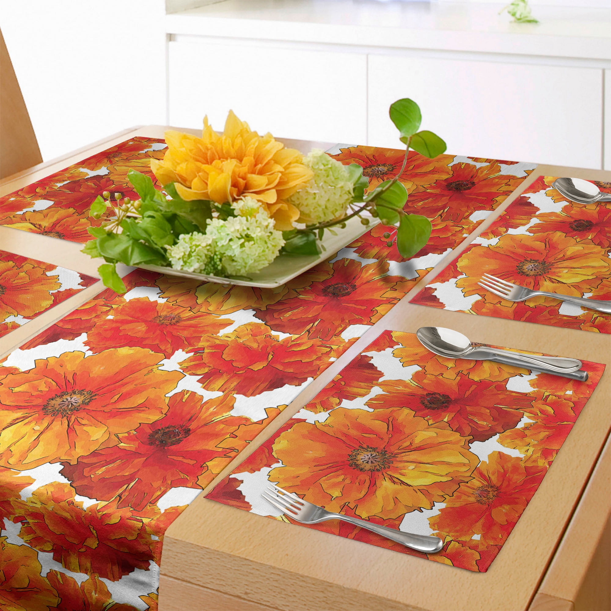 Orange Table Runner & Placemats, Big Flourishing Bohemian Poppies on ...