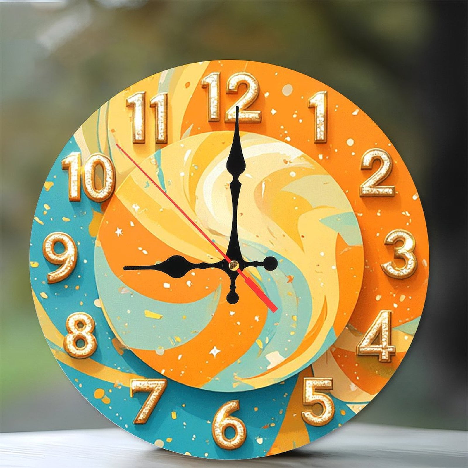 Orange Teal Abstract Swirl Wall Clock 10-Inch Silent Wooden Wall Clock ...