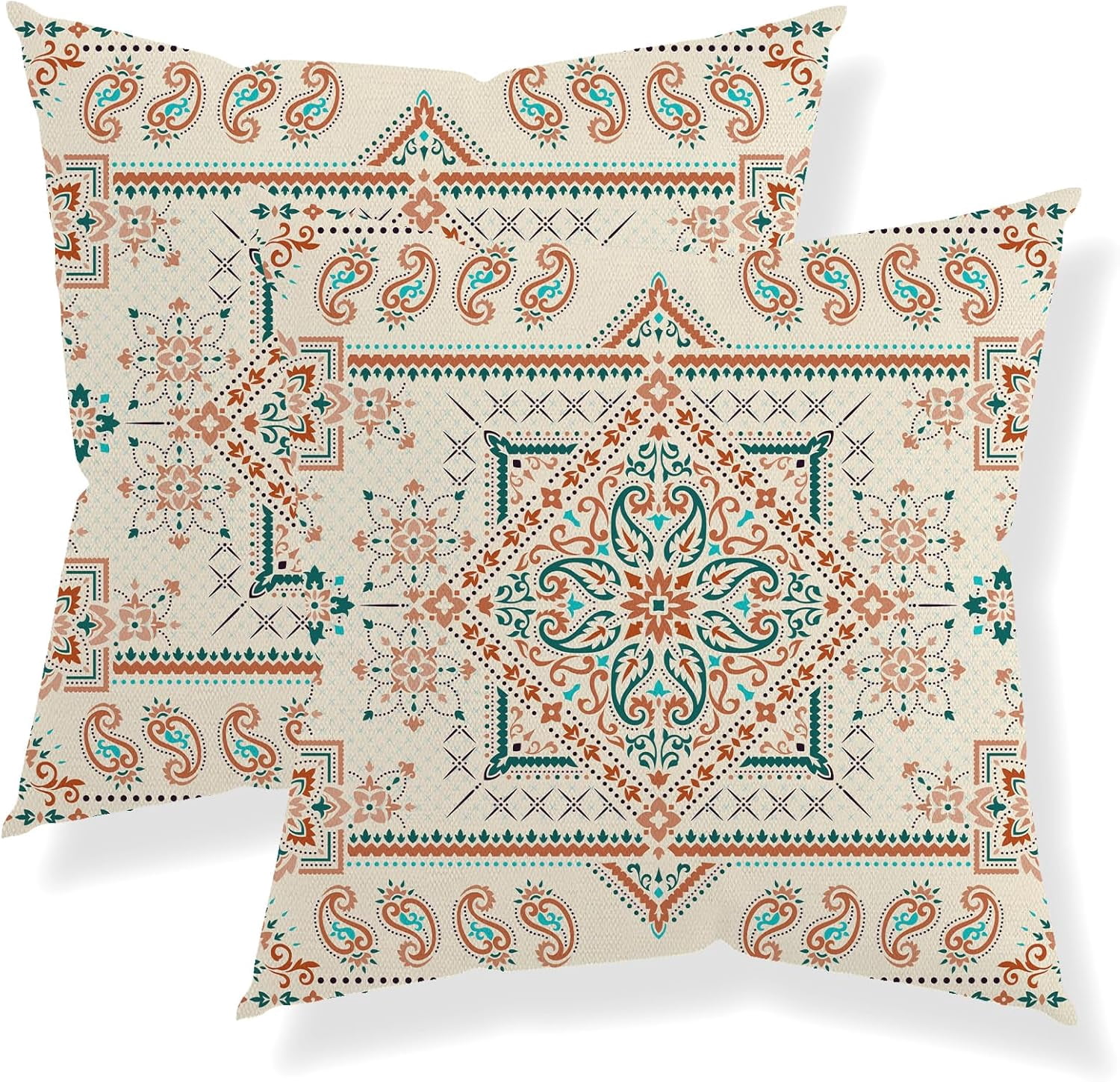 Orange Teal Boho Pillow Covers 18x18 Set of 2, Persian Carpet Pattern ...