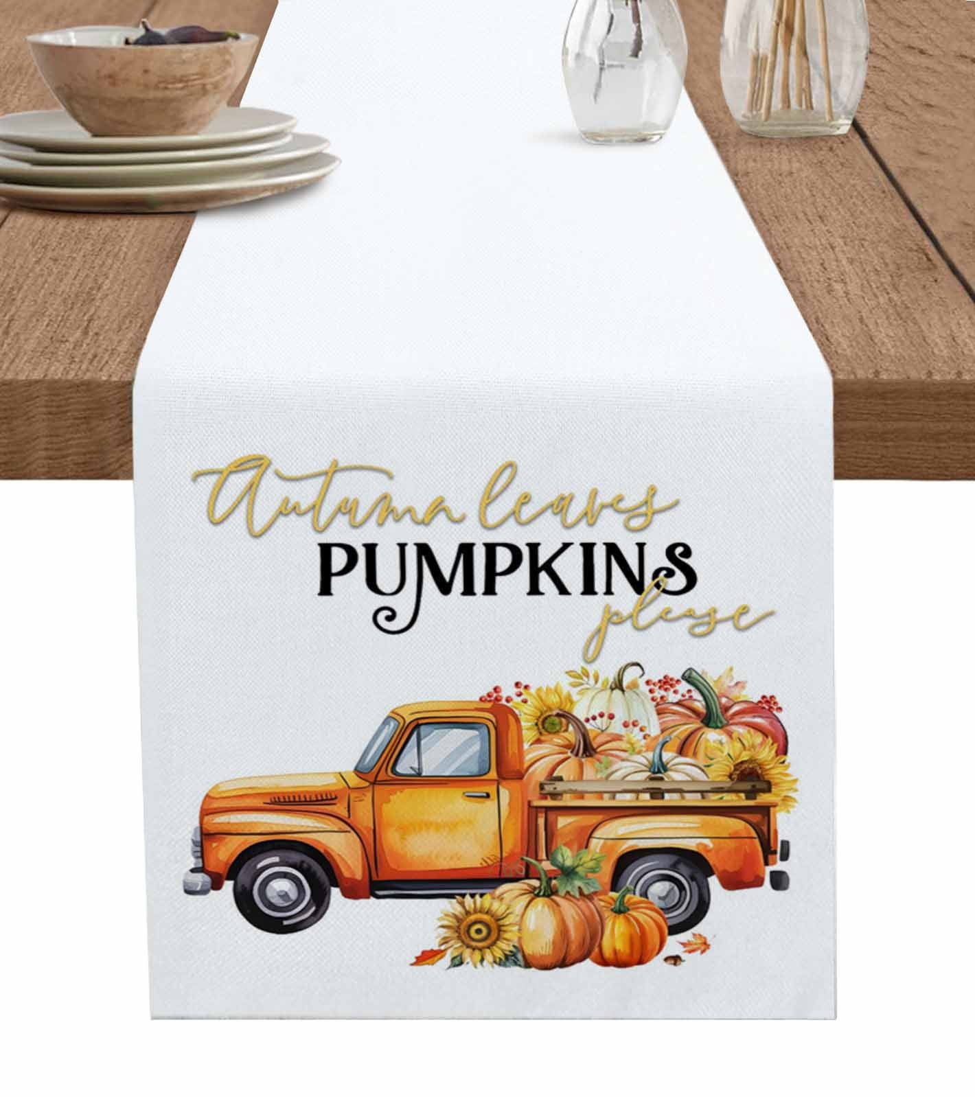 Orange Thanksgiving Table Runner Truck Pumpkins Fall Watercolor ...