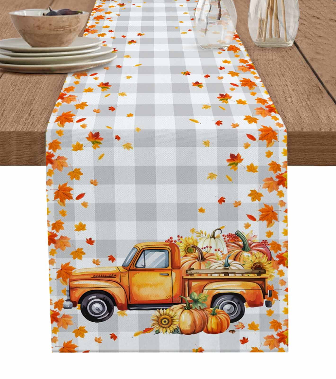 Orange Thanksgiving Table Runner Truck Pumpkins Maple Leaves Gray Plaid ...