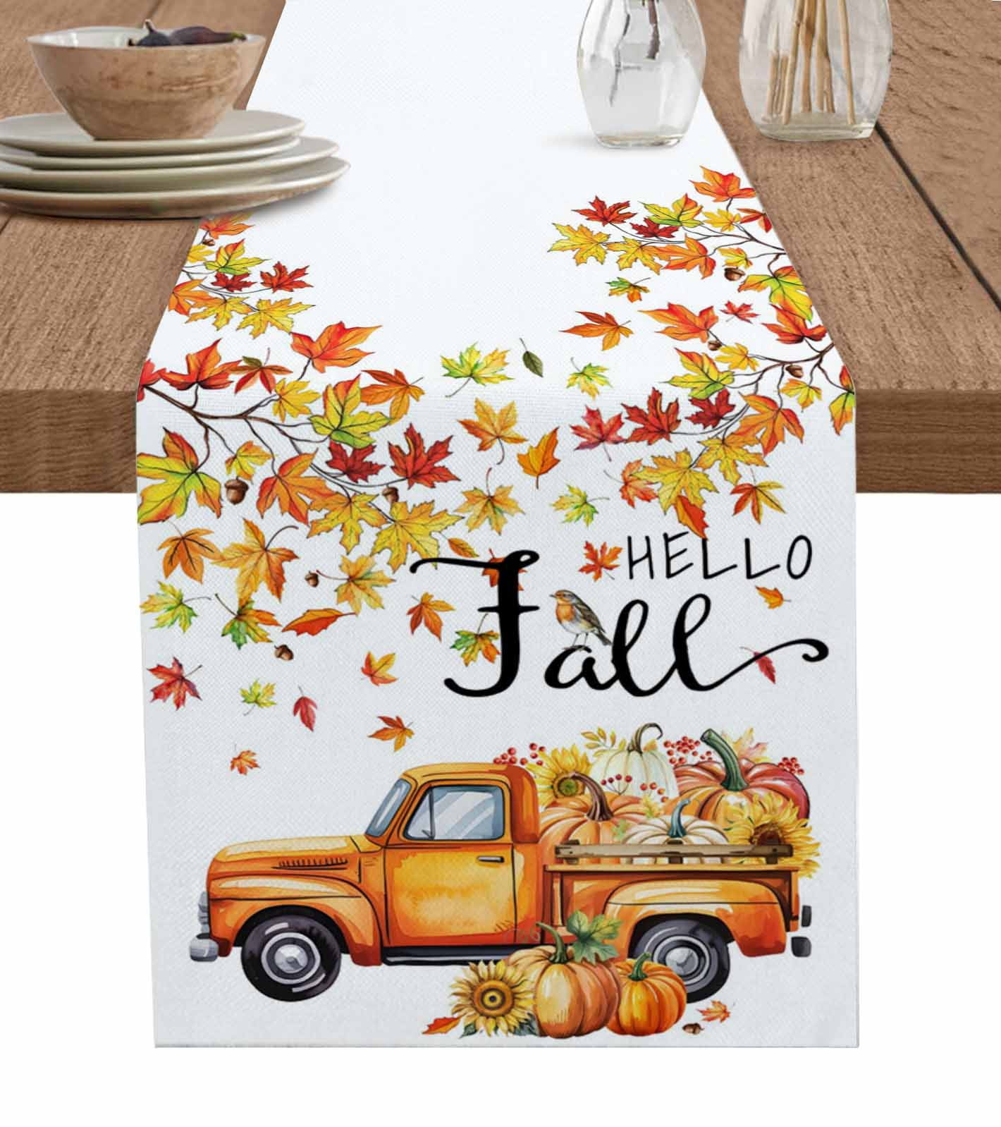 Orange Thanksgiving Table Runner Watercolor Truck Pumpkins Leaves ...