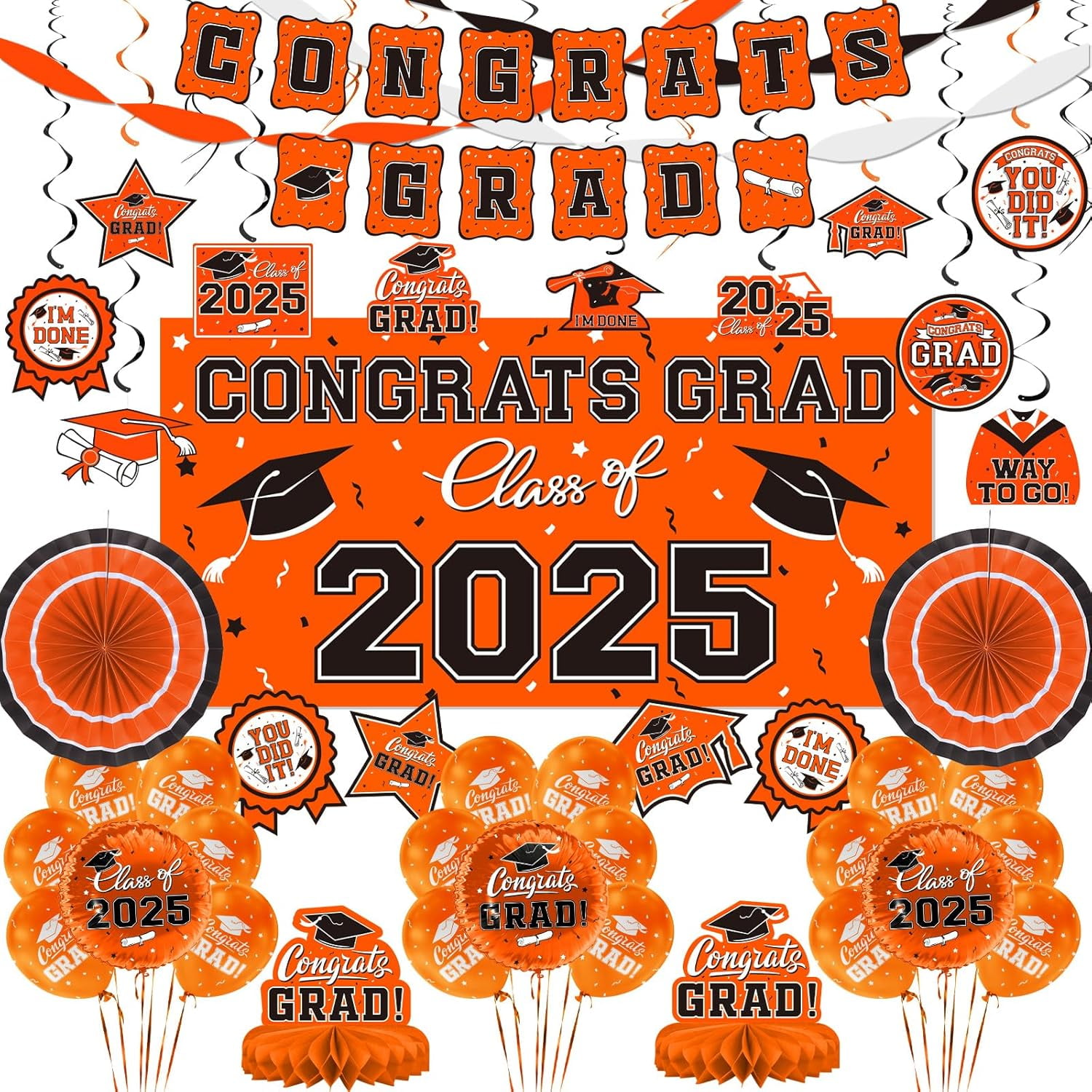 Orange Themed 2025 Graduation Decorations Set - Congrats Grad Banner ...