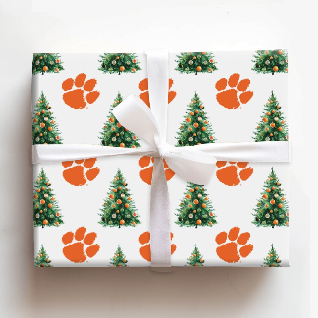 Orange Tiger Paw Print and Christmas Tree Holiday Gift Wrapping Paper ...