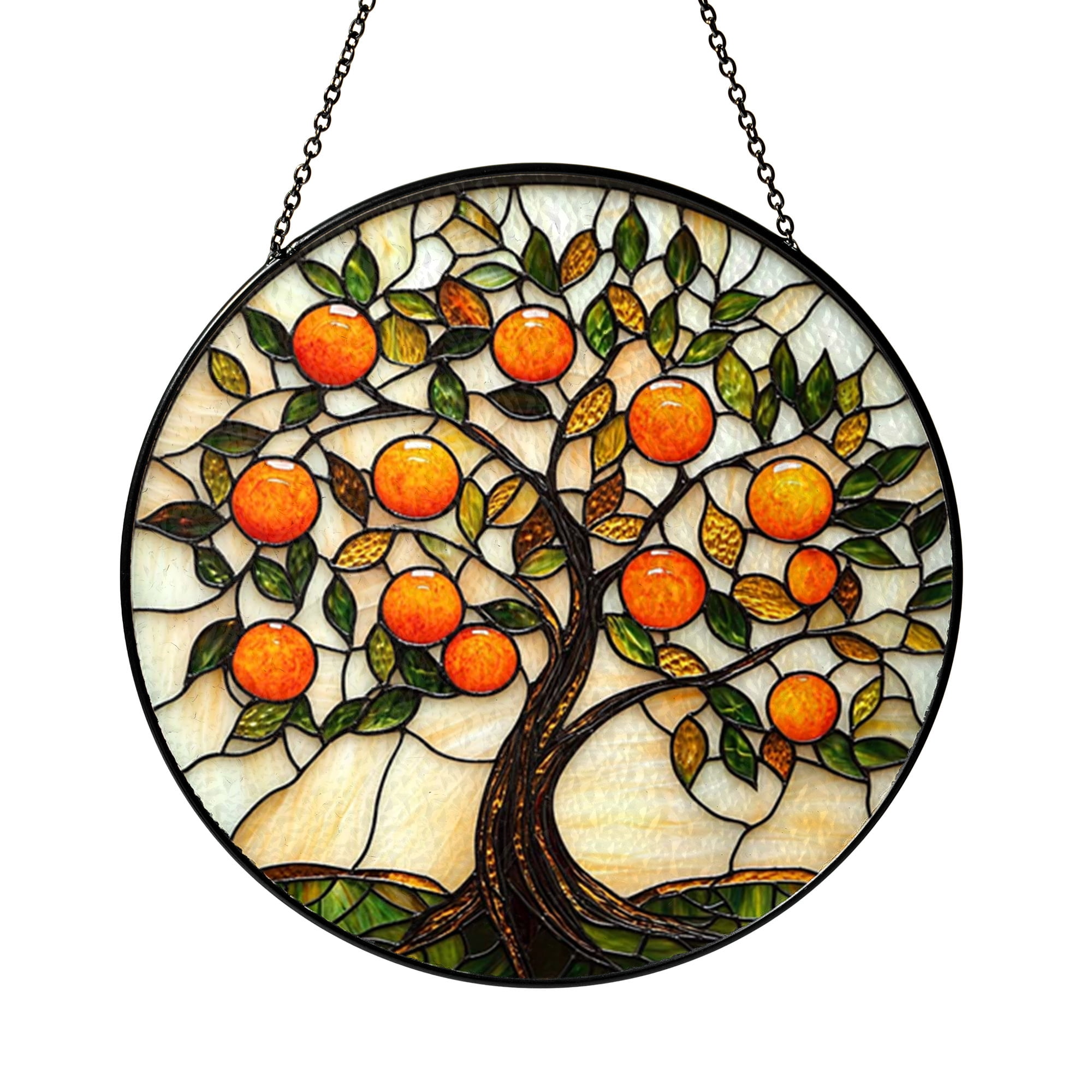 Orange Tree Scene Round Suncatcher – Stained Glass Style Nature Window ...