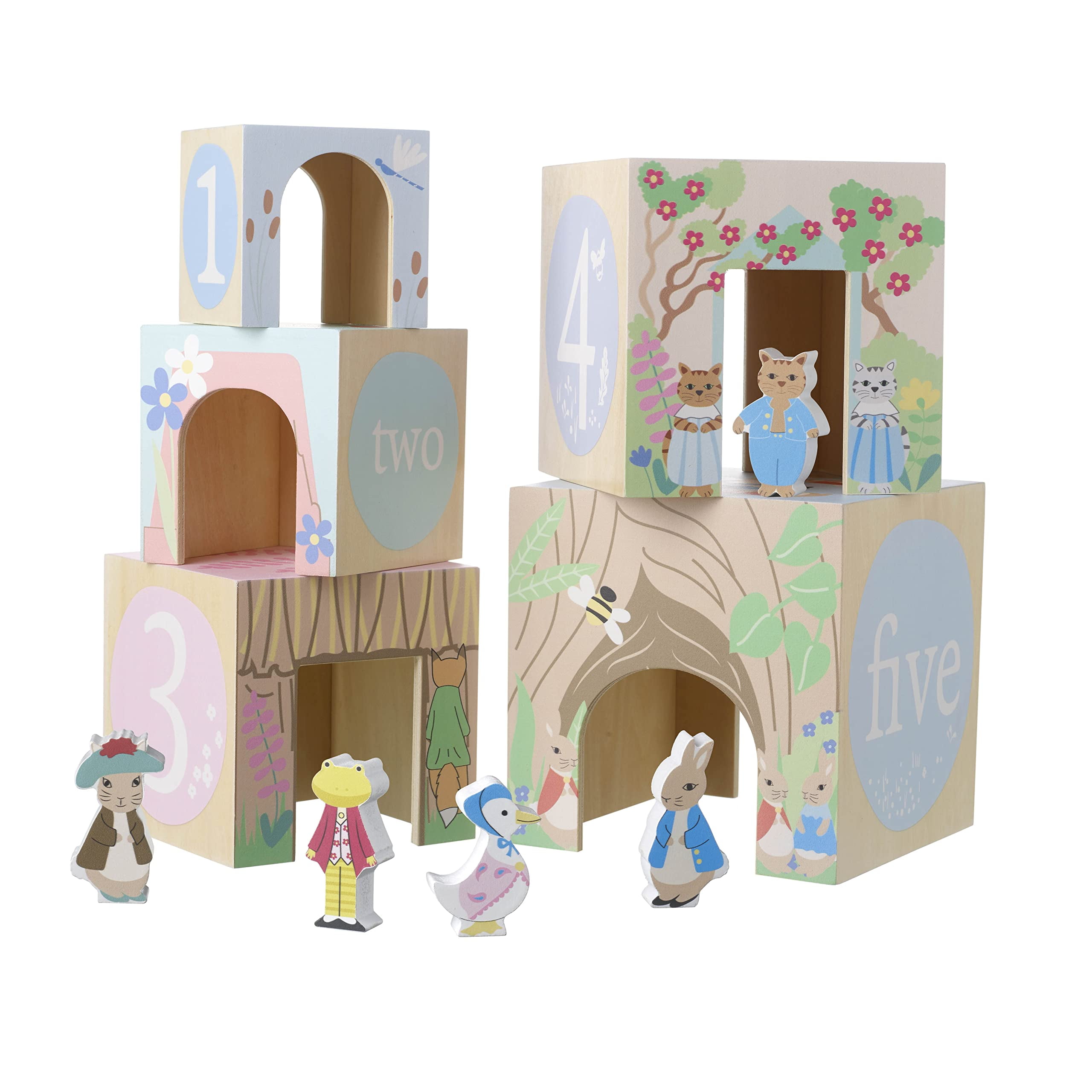 Orange Tree Toys Peter Rabbit: Wooden Stacking Cubes - 5 Numbered Stacking Cubes & 5 Beatrix ...