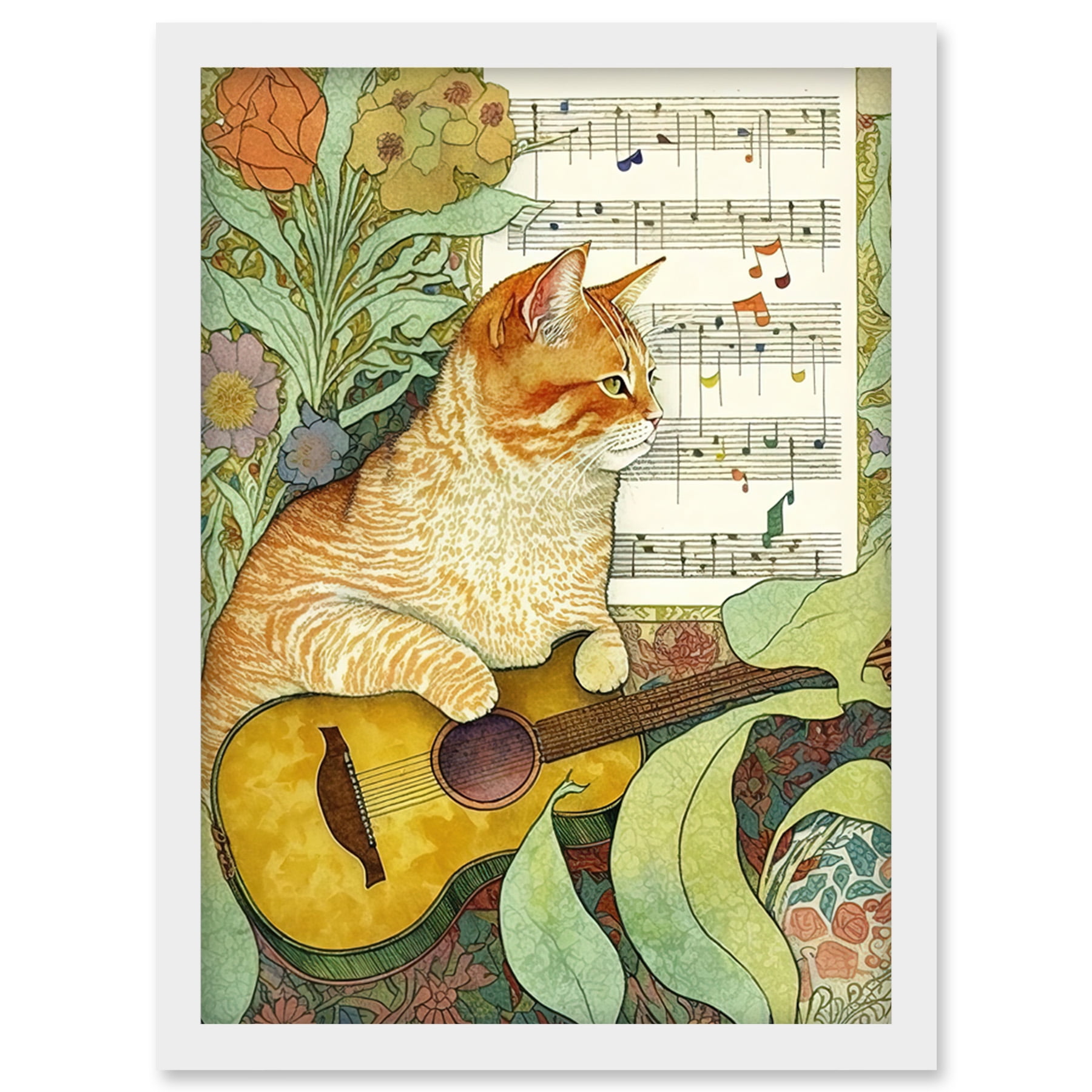 Orange Tubby Cat with Guitar and Sheet Music in Floral Art Nouveau ...