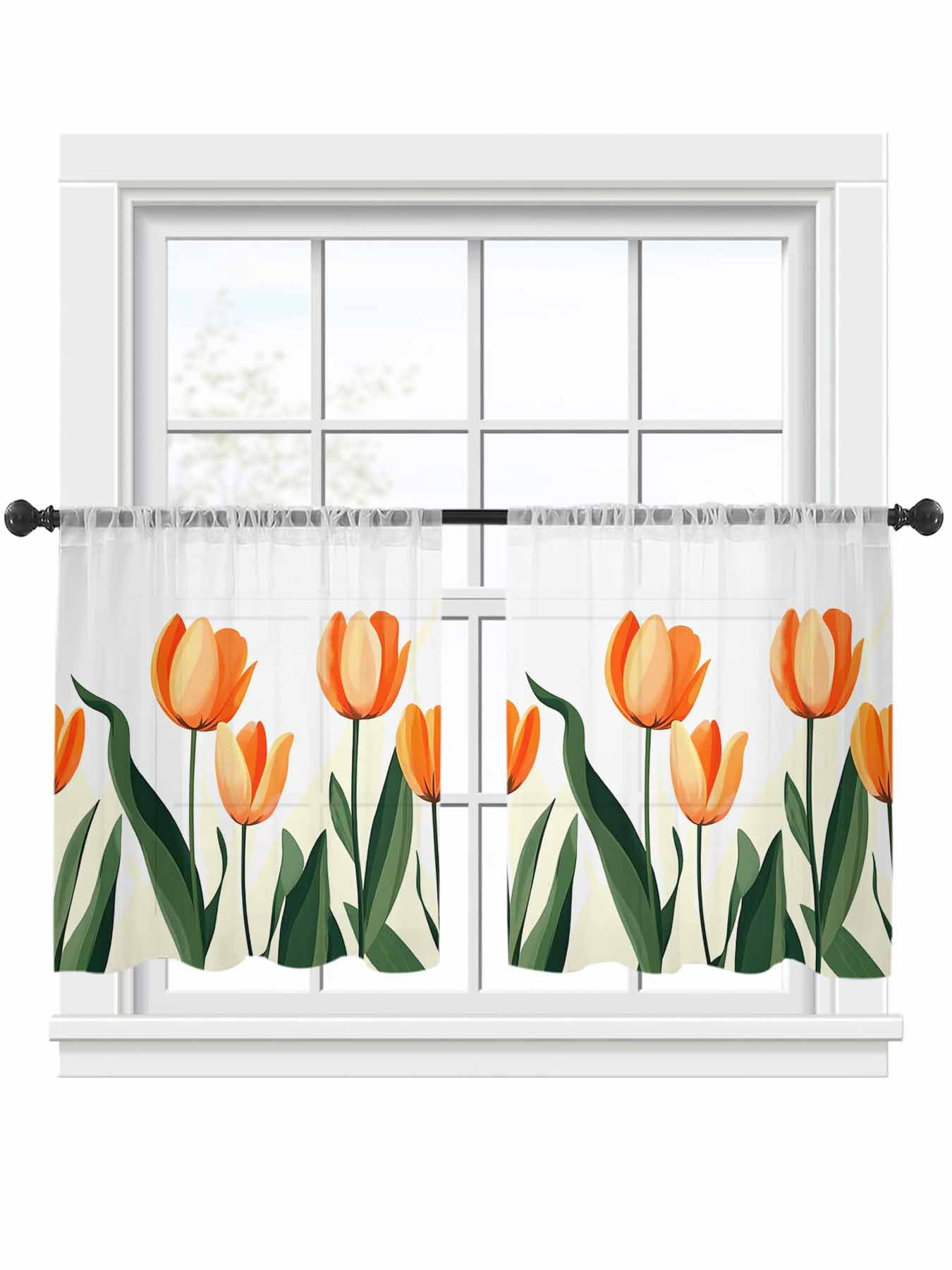 Orange Tulip Sheer Curtains 2 Panels Set Country Retro Watercolor ...