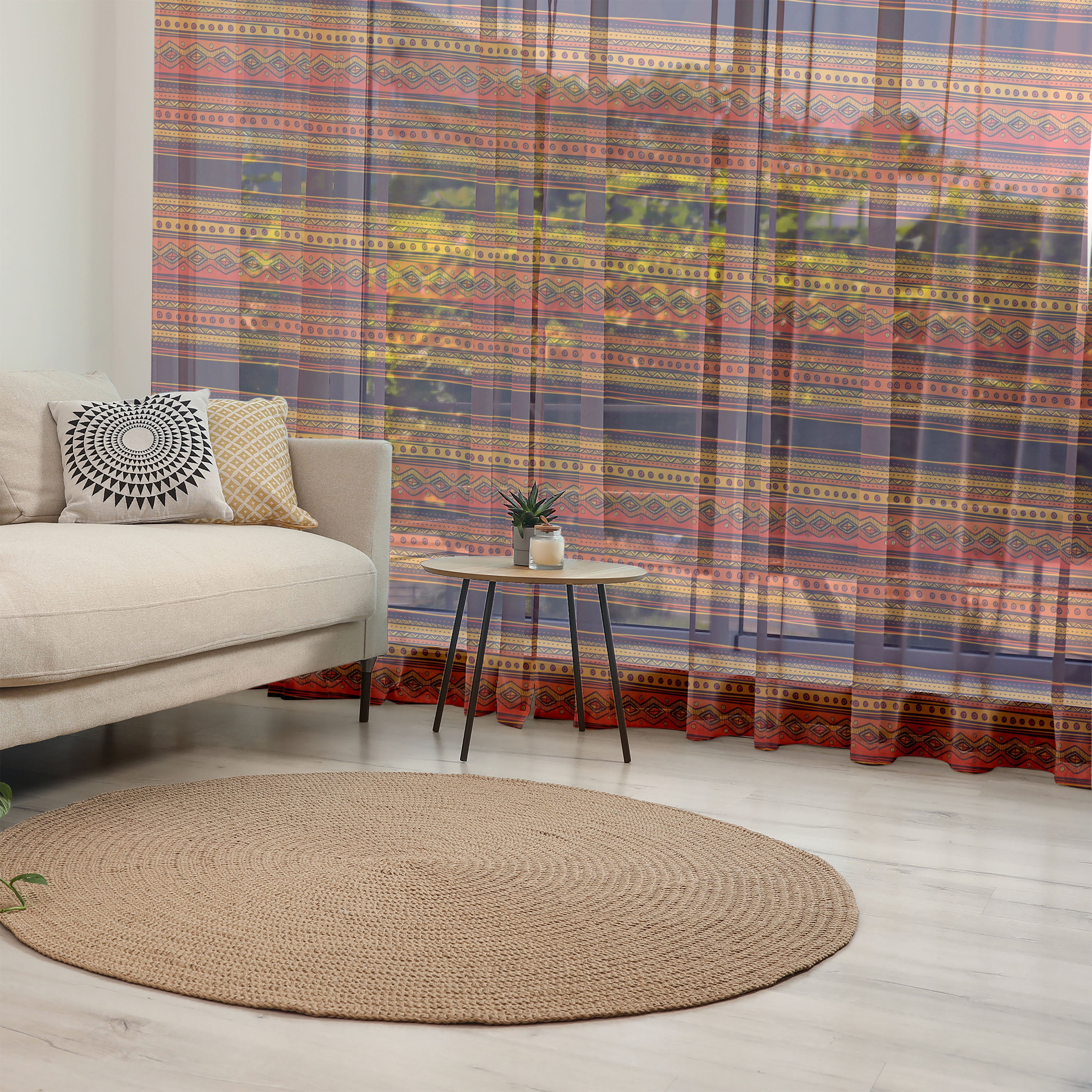 Orange Tulle Curtains with Rod Pocket, Abstract Hand Drawn Ethno ...