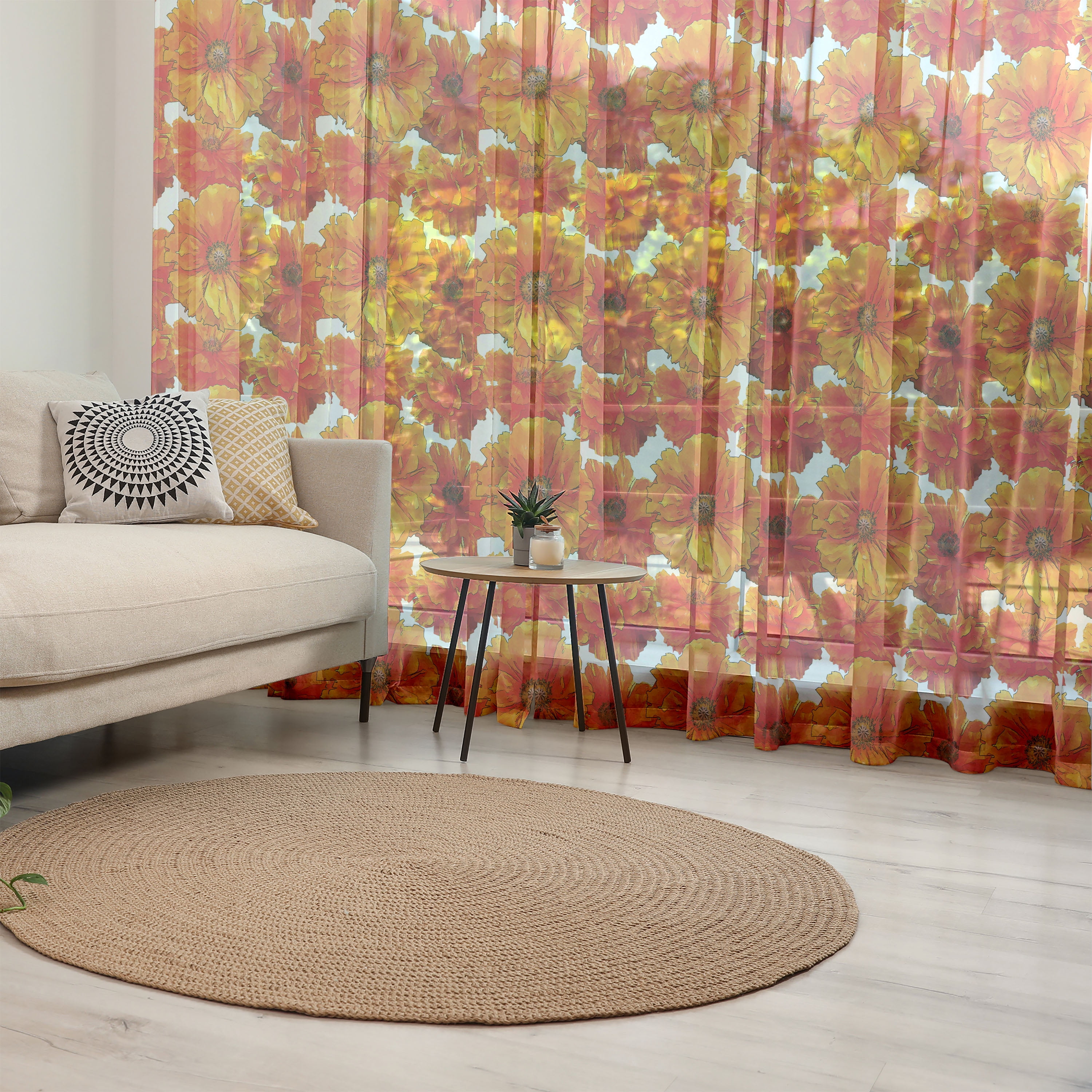 Orange Tulle Curtains with Rod Pocket, Big Flourishing Bohemian Poppies ...