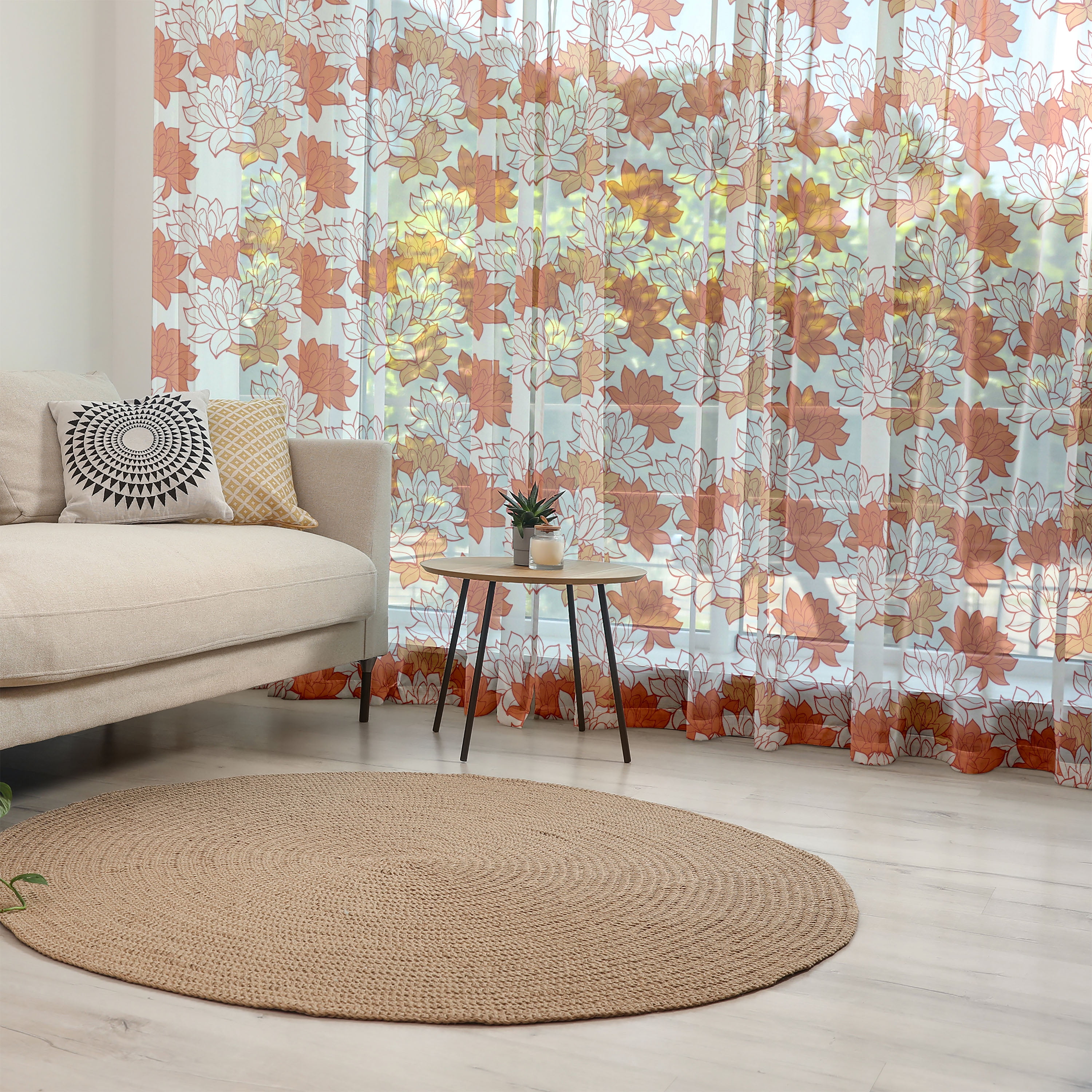 Orange Tulle Curtains with Rod Pocket, Blossoming Hand Drawn Lotus Leaves Garden Flowers ...