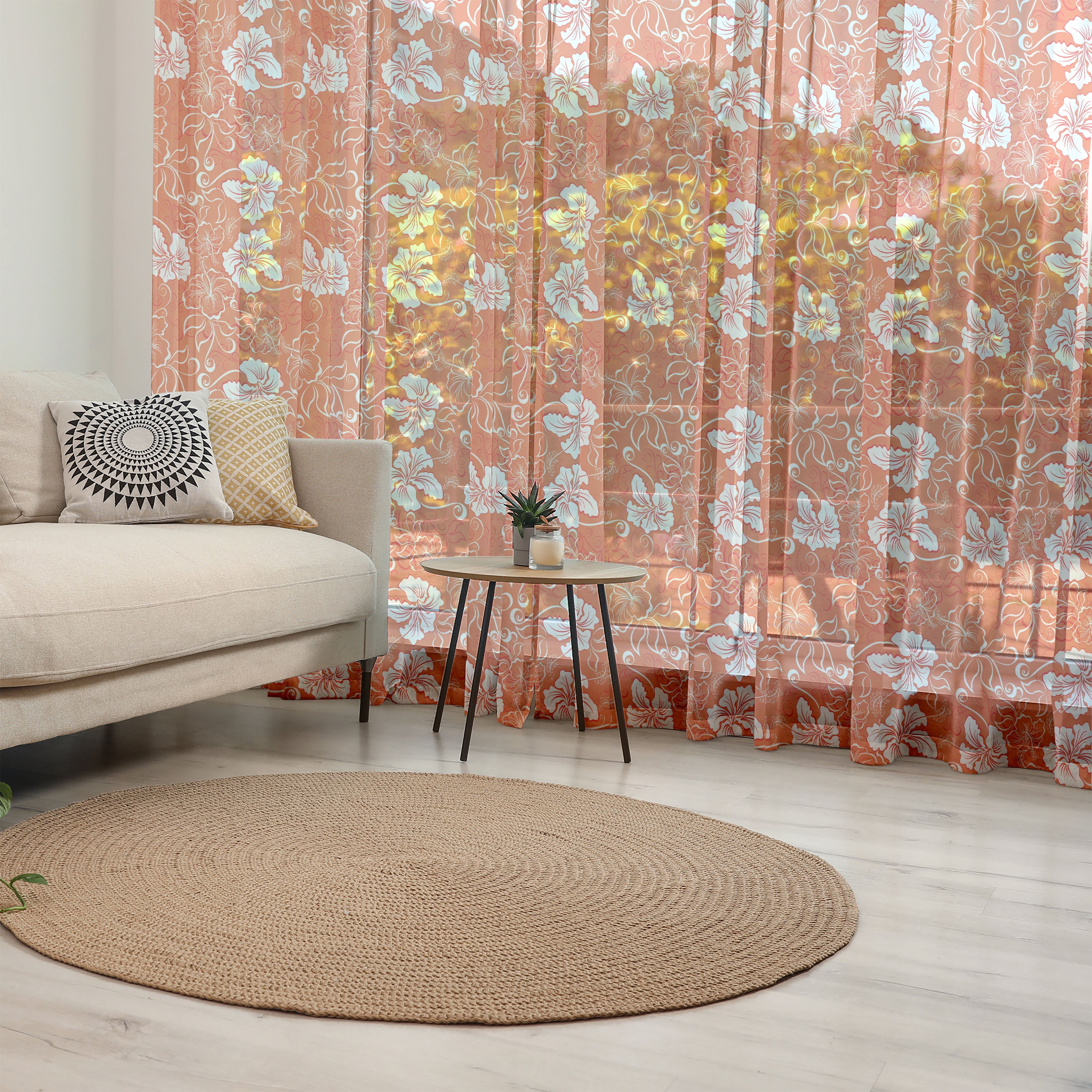 Orange Tulle Curtains With Rod Pocket Hawaiian Pattern With Tropical