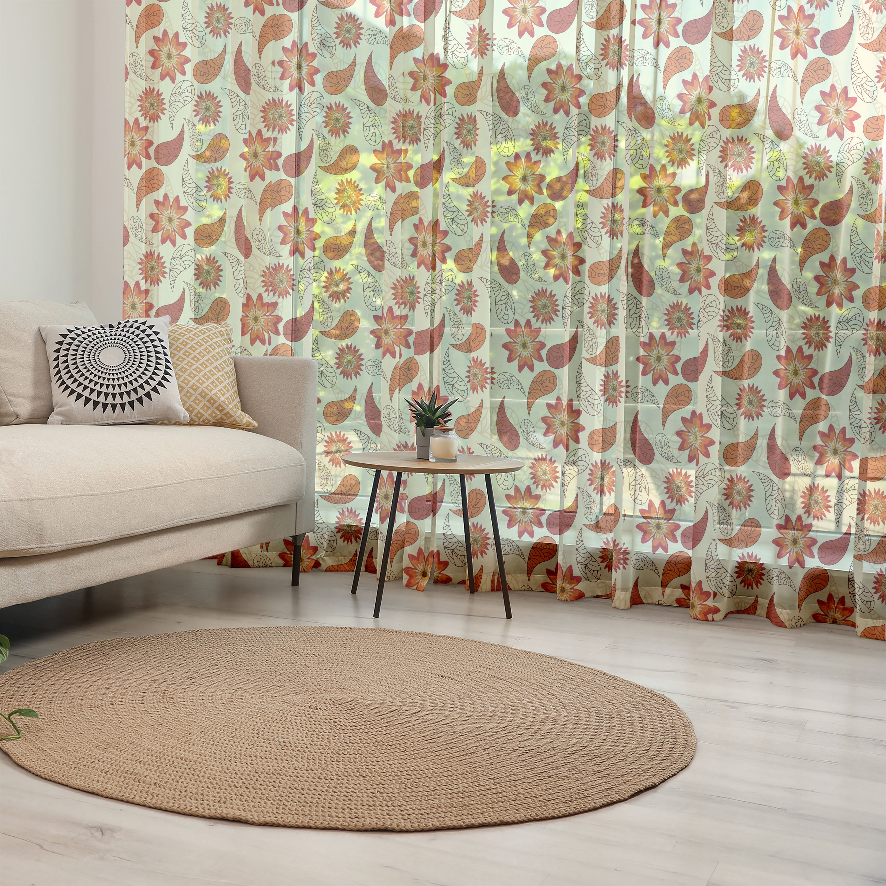 Orange Tulle Curtains with Rod Pocket, Red Poppy Flowers in Retro Style ...