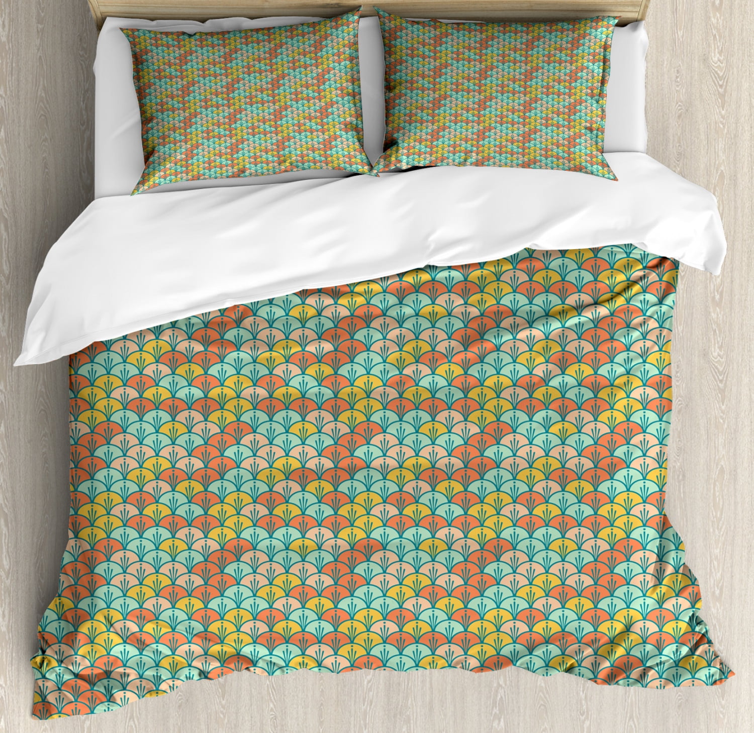 Orange and Turquoise Duvet Cover Set Queen Size, Abstract Scales ...