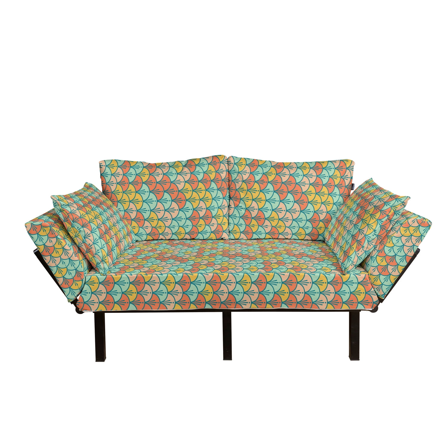 Orange and Turquoise Futon Couch, Abstract Scales Pattern in Pastel ...