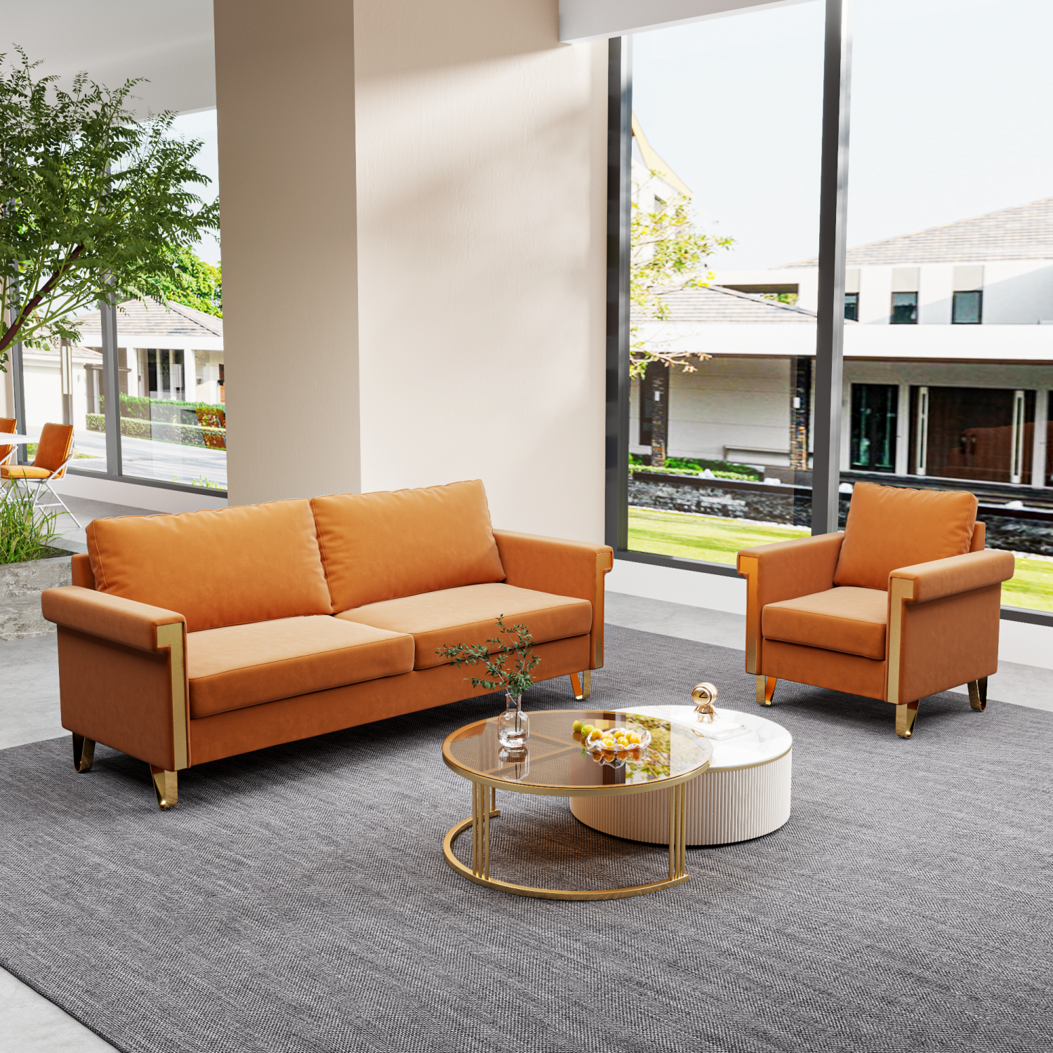 Orange Velvet Sofa and Chair Set – Mid-Century Modern Couch with ...