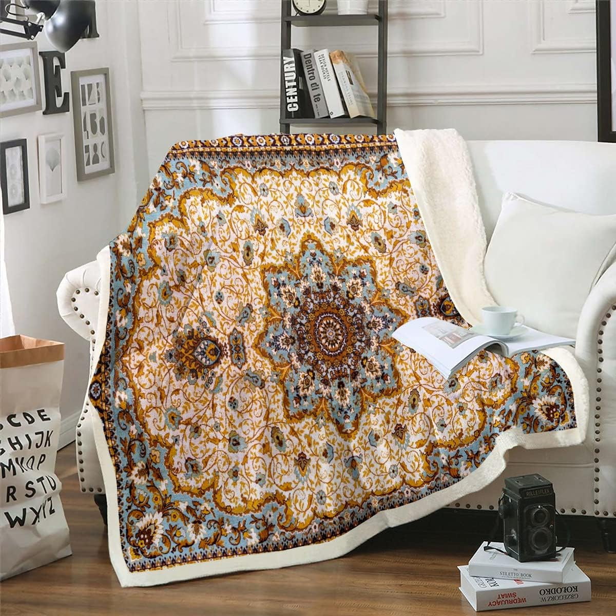 Orange Vintage Blanket Persian Throw Blanket for Bed, Oriental Fleece ...