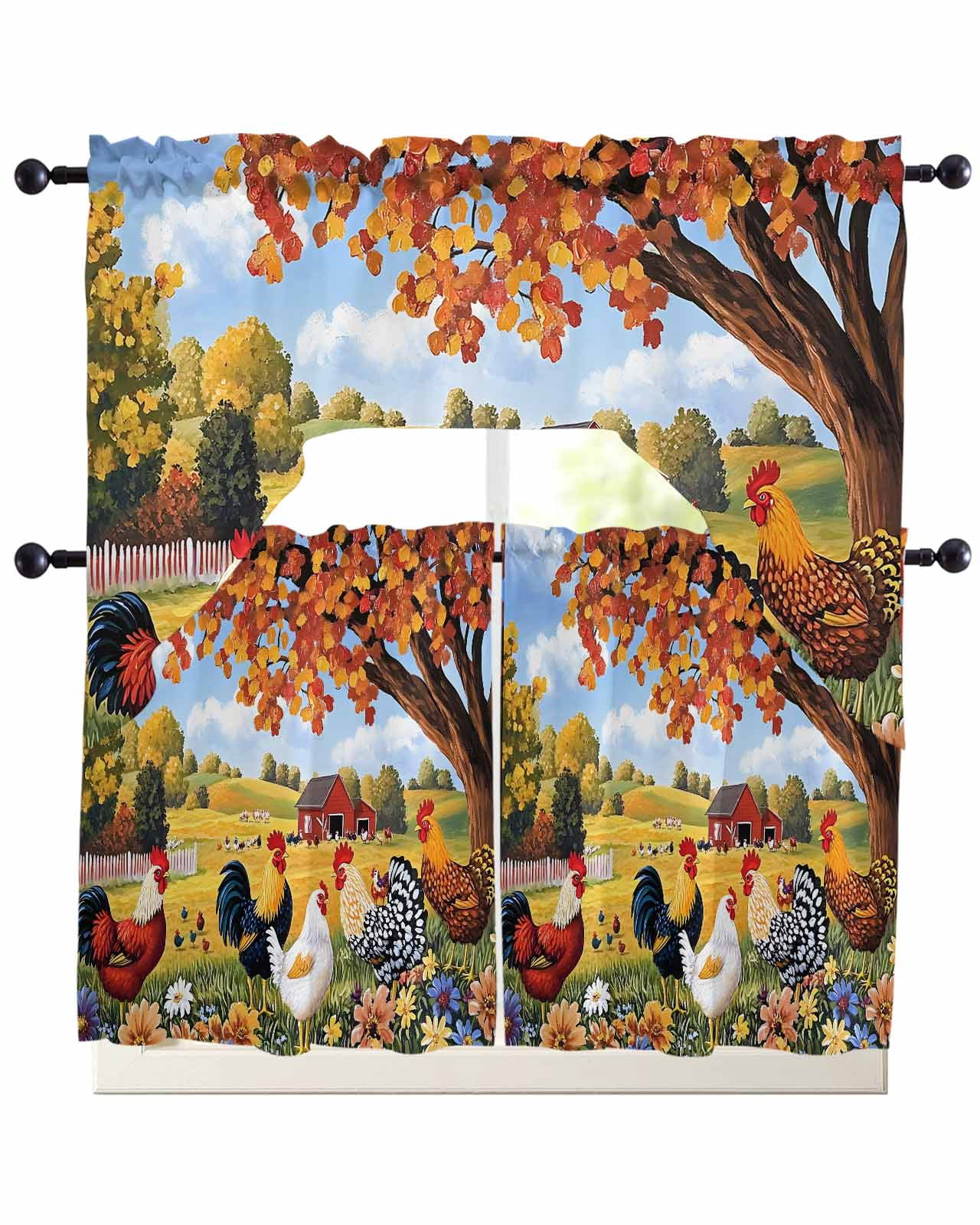 Orange Vintage Rooster Kitchen Curtains Sets 24 Inch Length with ...