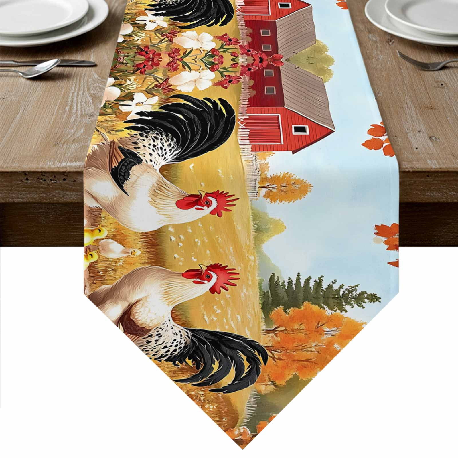 Orange Vintage Rooster Table Runner Linen Burlap Table Runner 72 Inches ...