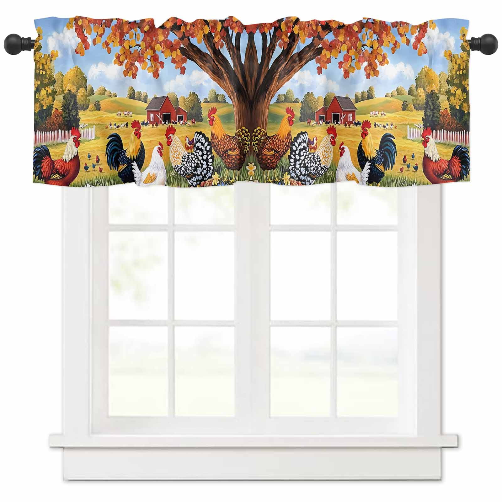 Orange Vintage Rooster Valances for Windows Farmhouse Kitchen Curtains ...