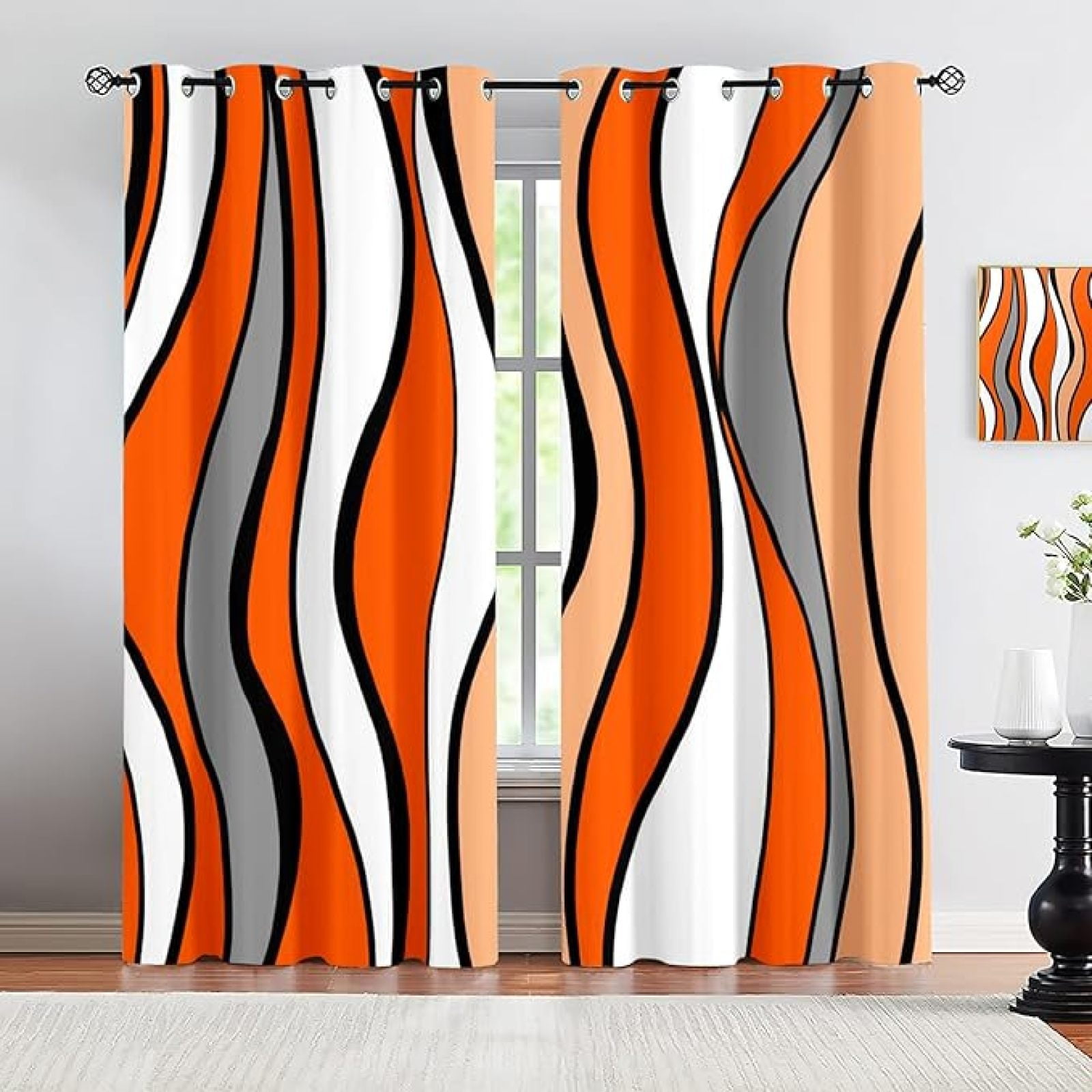 Orange Water Blackout Curtains, Gray And White Geometric Waves Window ...