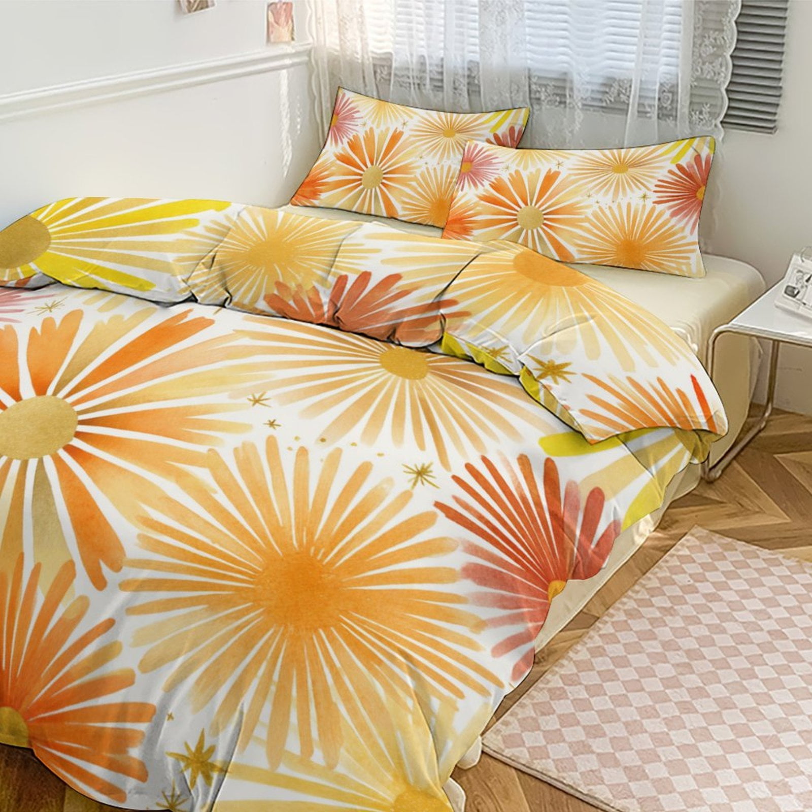 Orange Watercolor Flower Burst Pattern Bedding Set with Zipper Closure ...