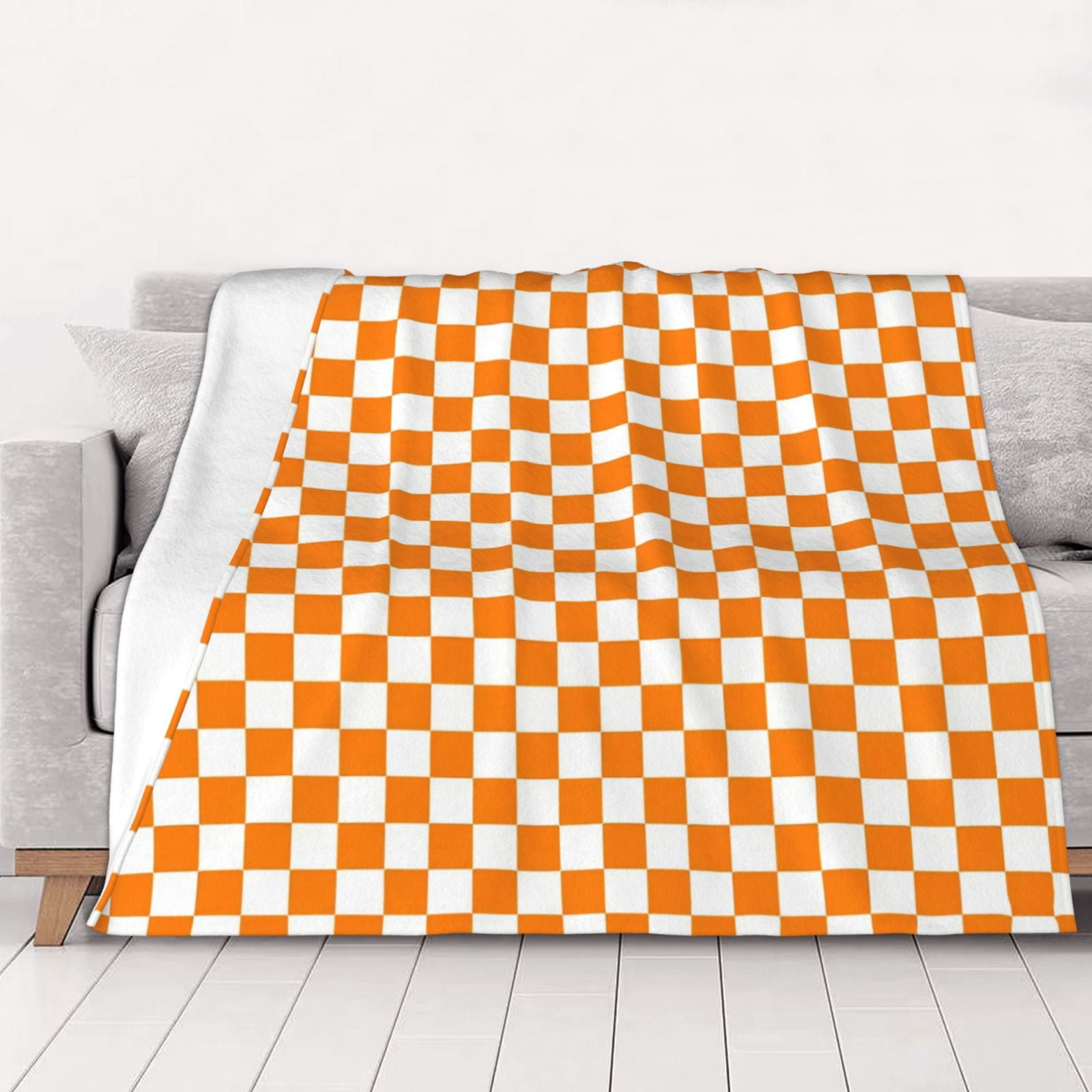 Orange White Checkered Pattern Fleece Blanket Super Soft Cozy Throws ...