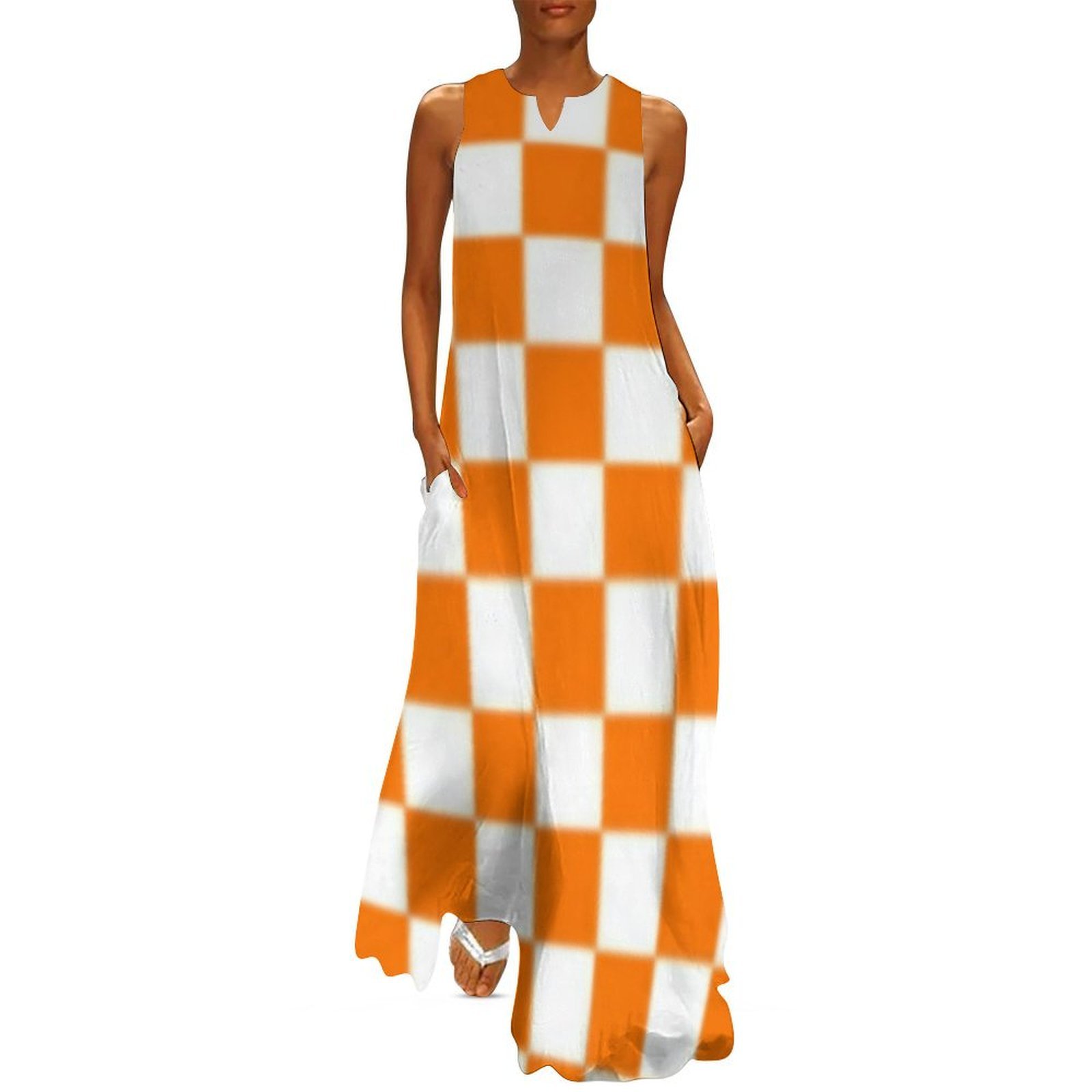 Orange White Checkered Pattern Long Dress luxury evening dresses women ...
