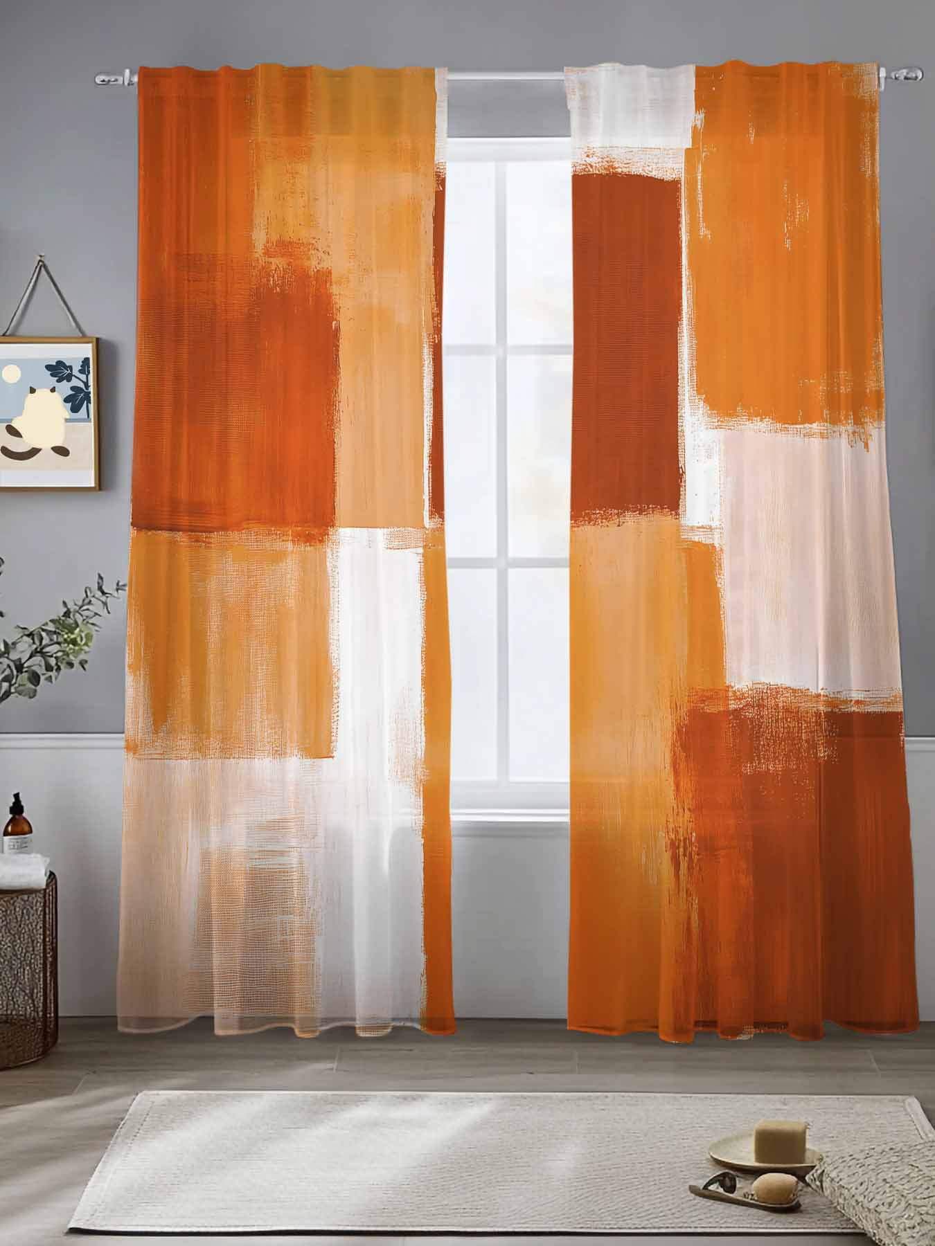 Orange White Color Block Sheer Curtains 108 Inches Long 2 Panels Paint ...