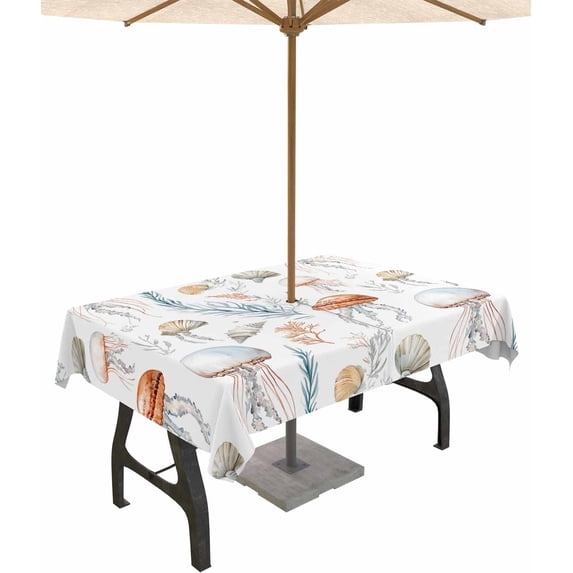 Orange White Jellyfish Outdoor Tablecloth with Umbrella Hole Rectangle ...