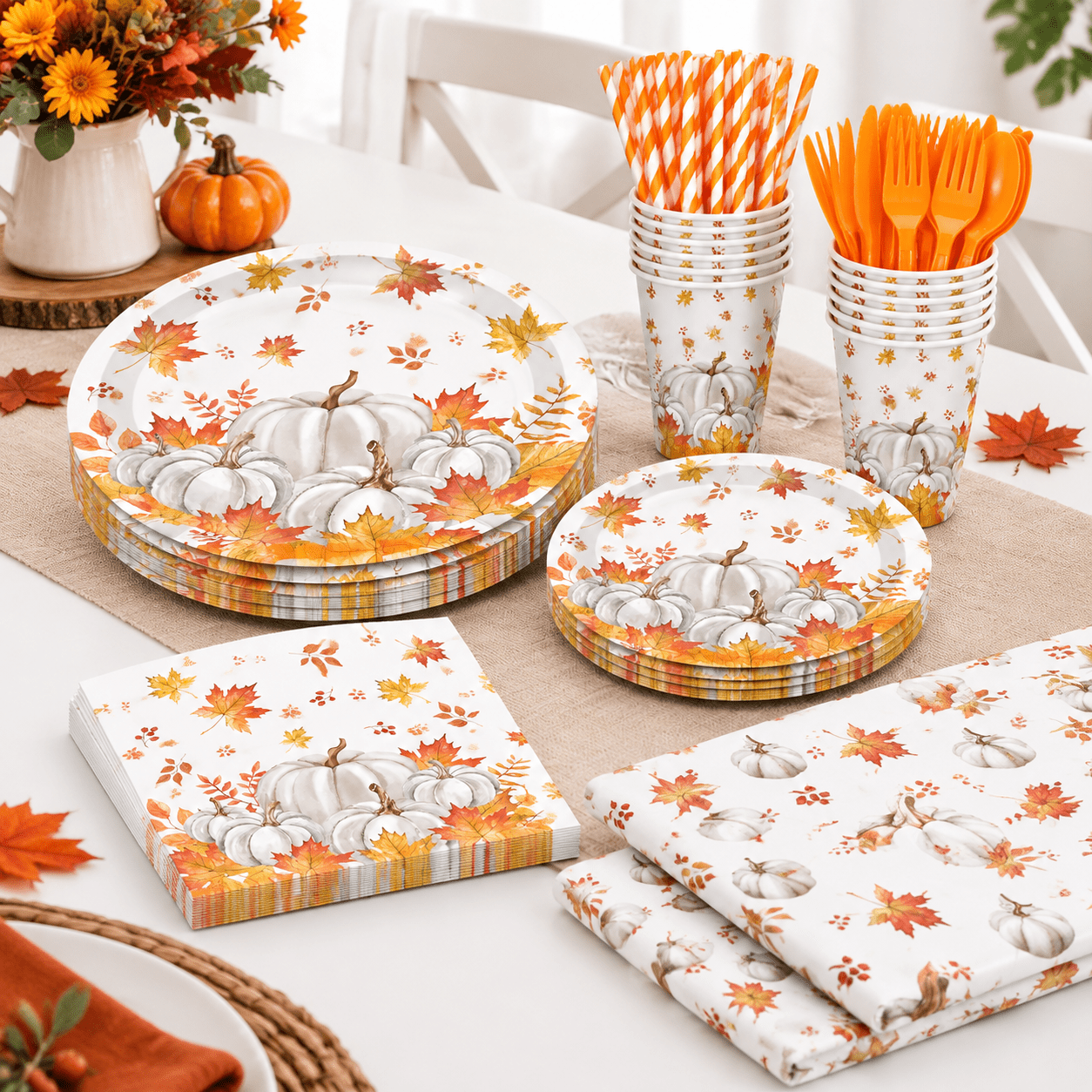 Orange White Maple Leaves Fall Pumpkin Party Tableware Set For 50 ...