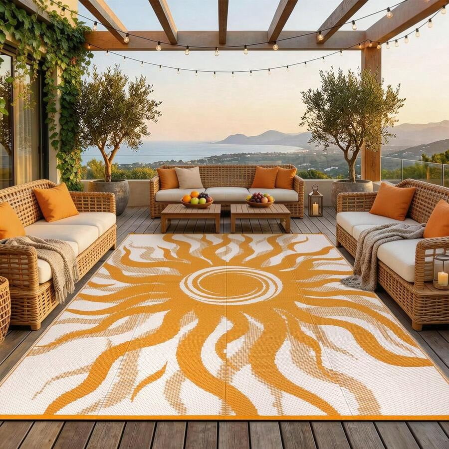Orange & White Outdoor Rug Waterproof Reversible Plastic Straw Patio ...