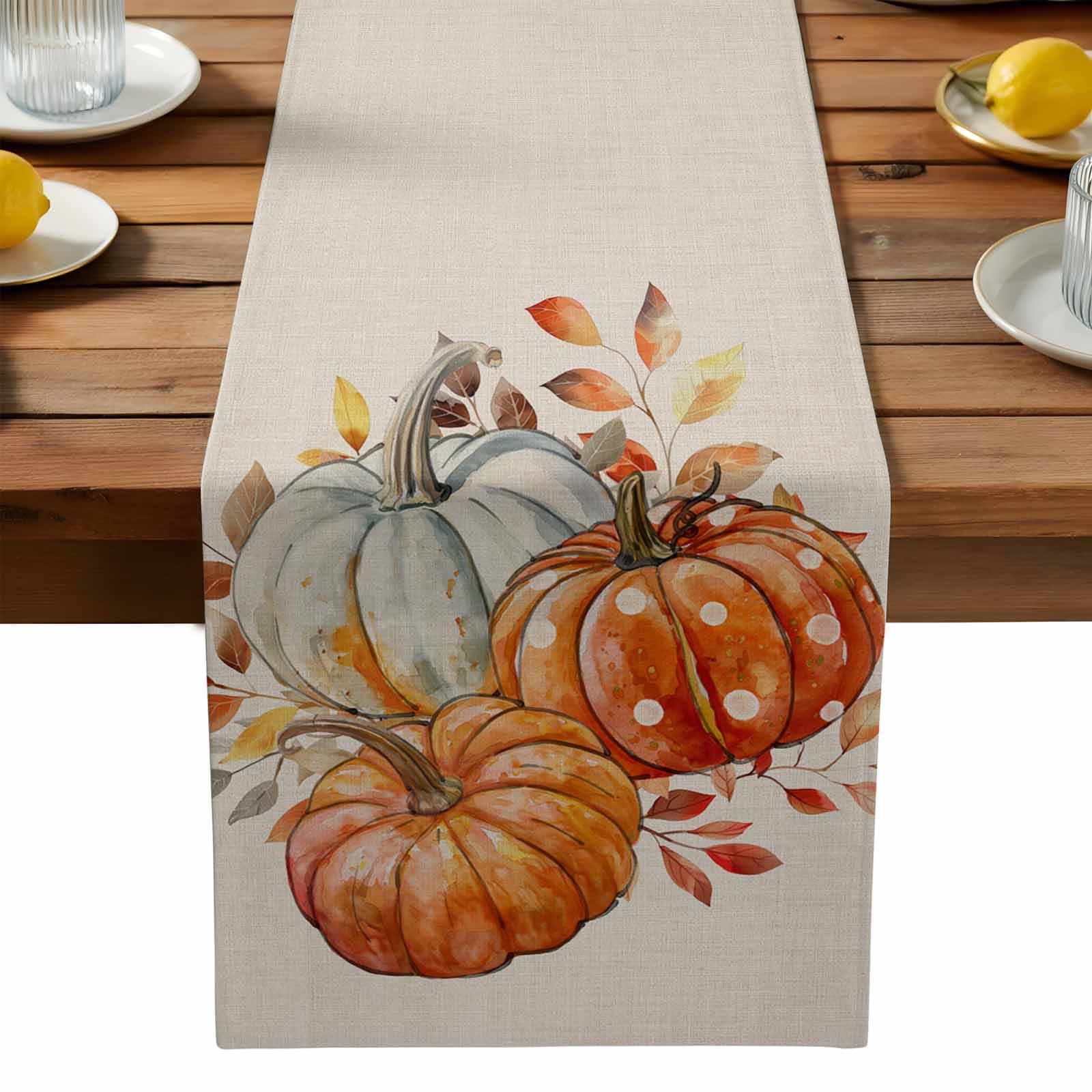 Orange White Pumpkins Fall Cotton Linen Table Runner for Dining Kitchen ...